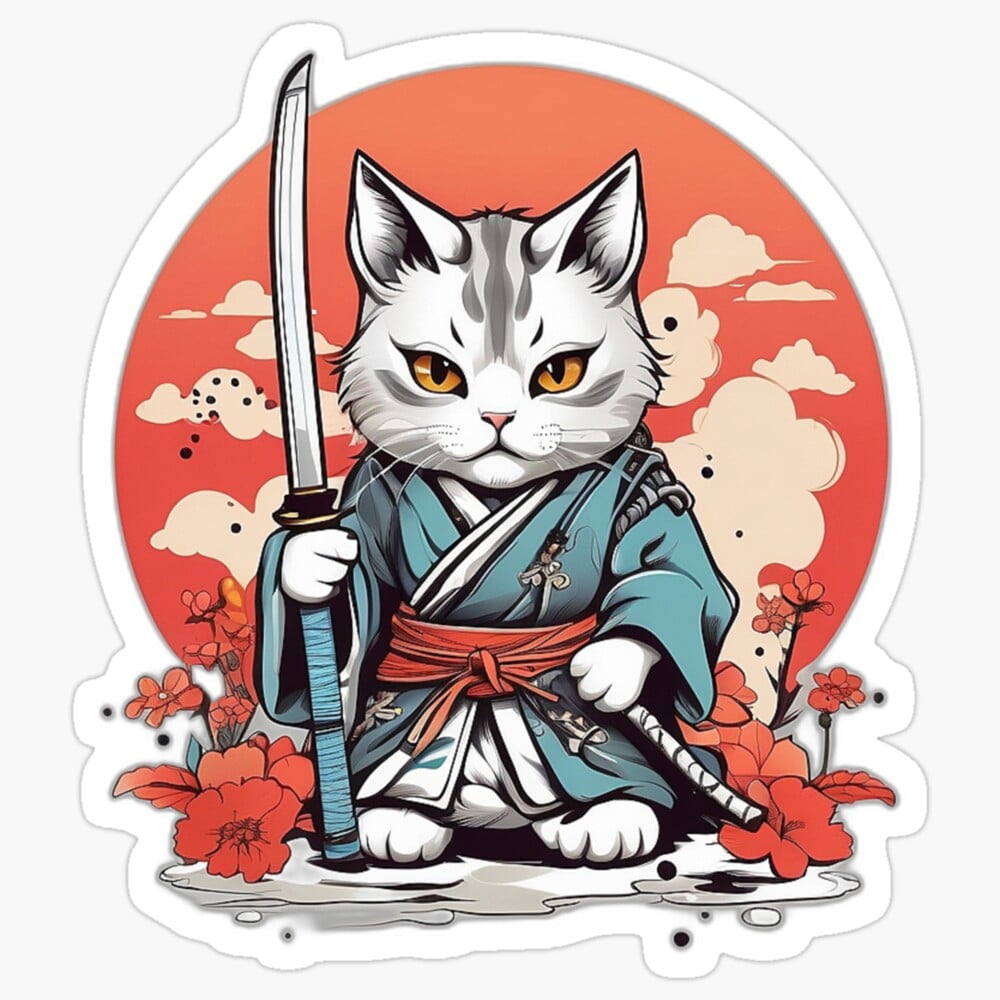 Samurai Warrior Kawaii Cat Sticker Phone Decal Water Bottle Stickers ...