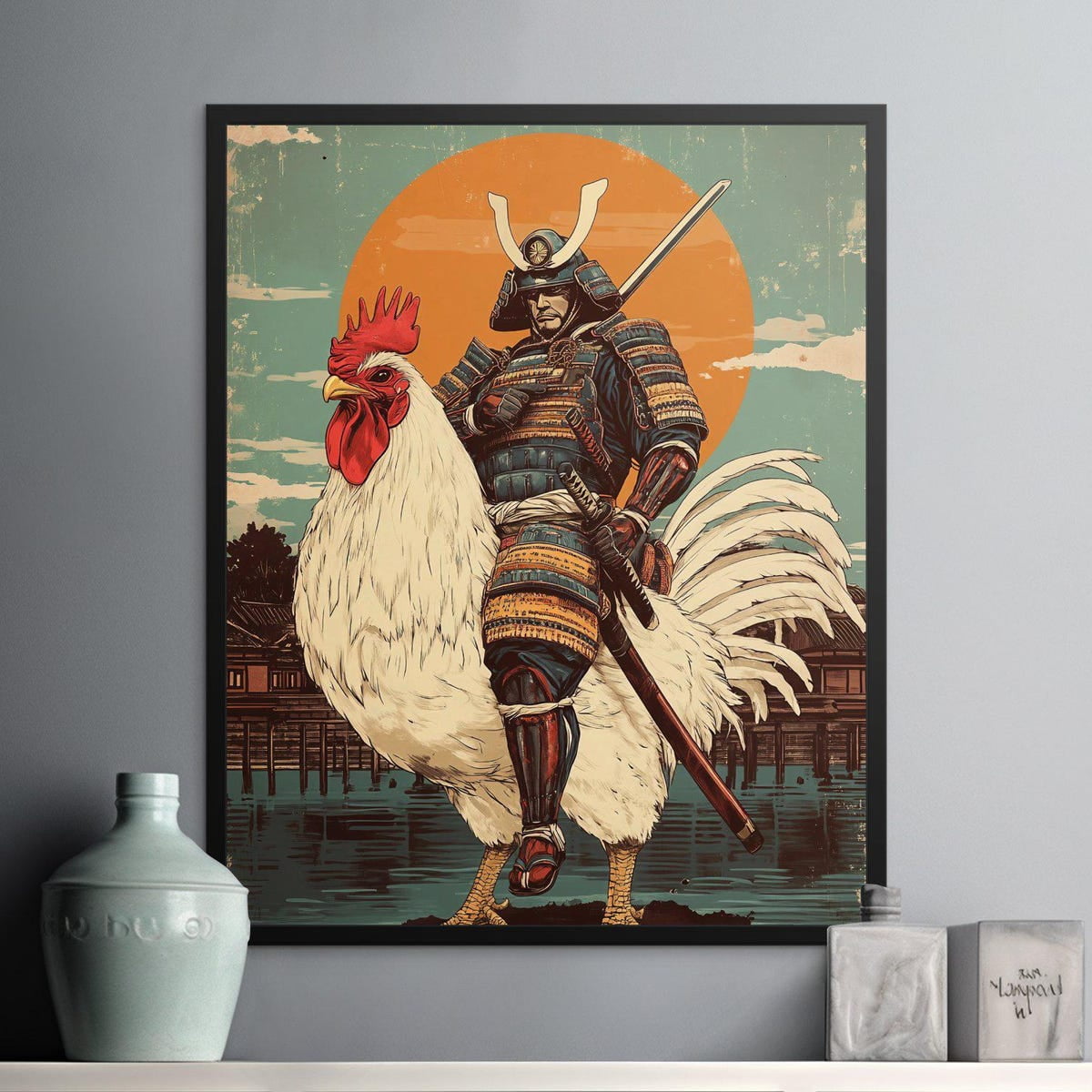 Samurai Warrior Riding Giant Chicken Poster, Japanese Art Print, Unique ...