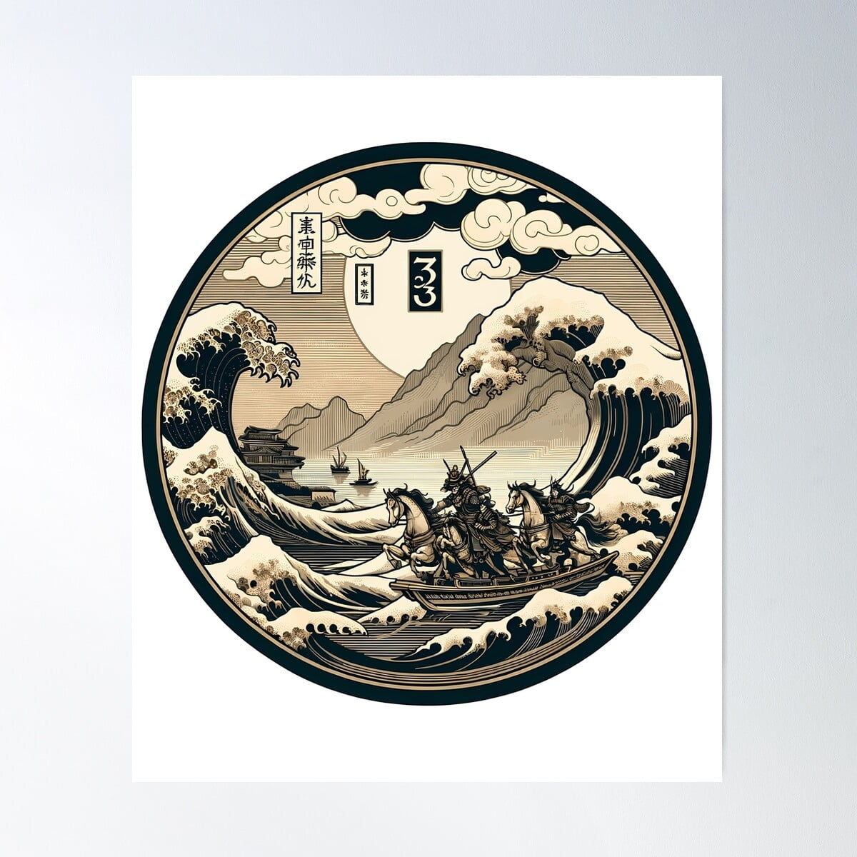 Samurai Warriors Riding Waves - Japanese Art Ukiyo-E Style Poster Wall ...
