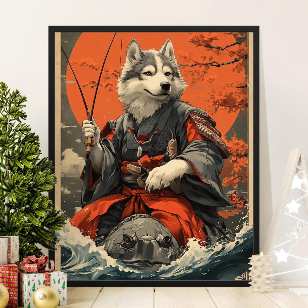 Samurai Wolf Poster, Furry Art Print, Wolf And Turtle Art, Japanese ...