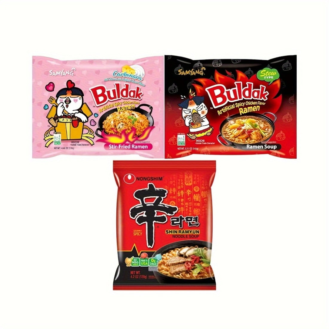 Samyang，3 packages Carbonara+ stew+Shin noodle, 2 packages Korean spicy ...