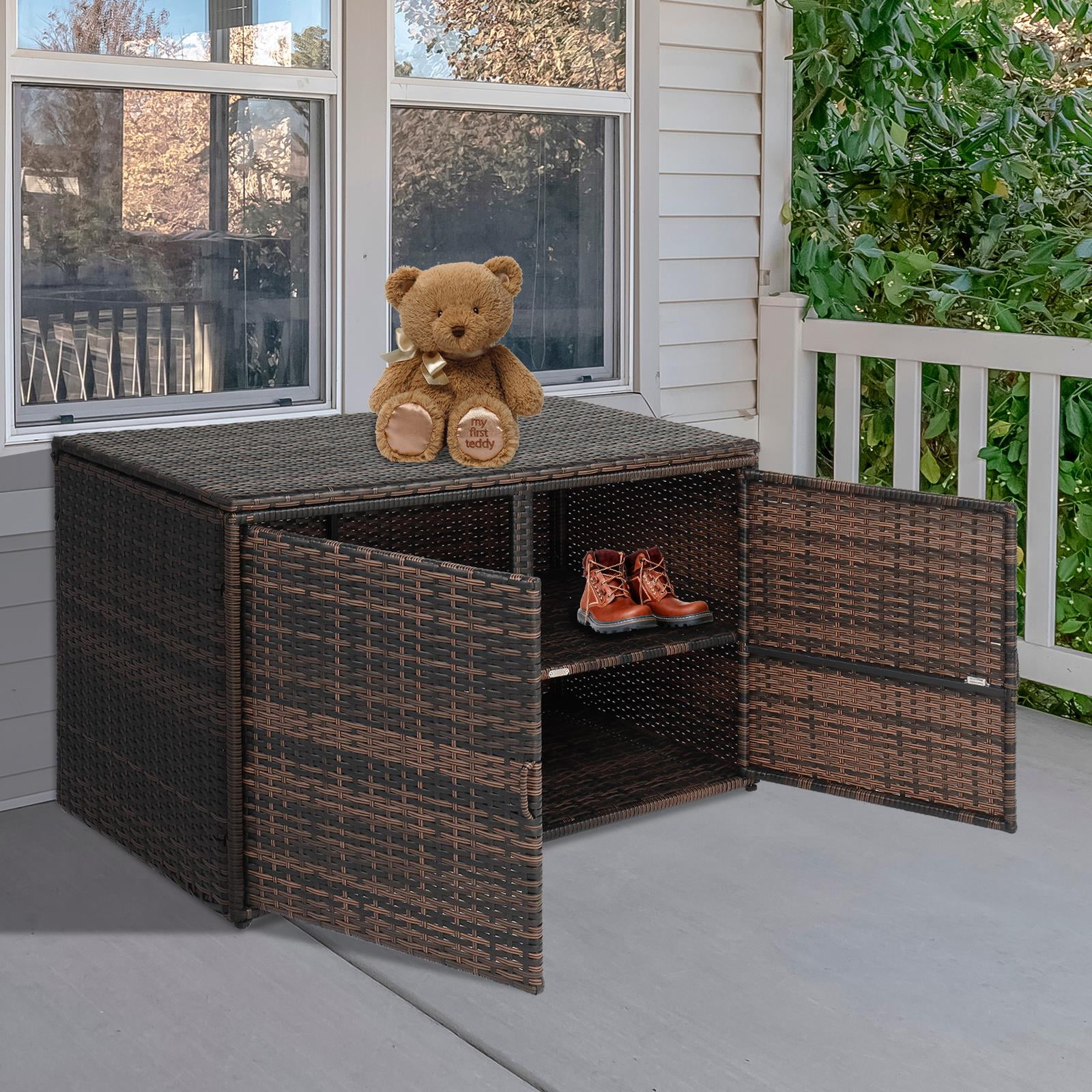 SamyoHome 104 Gal Outdoor Rattan Wicker Storage Box, Double Doors ...