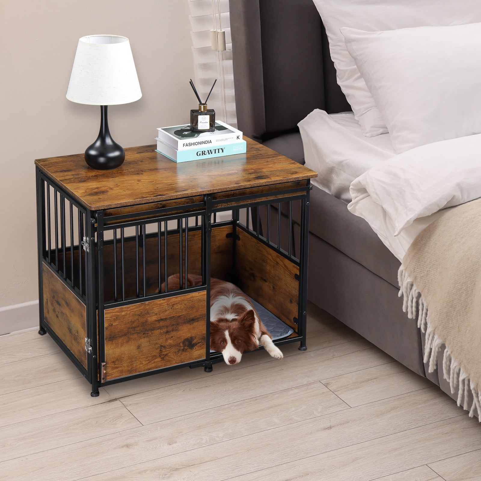SamyoHome 2-Door Dog Crate End Table, Heavy Duty Dog Kennel with ...