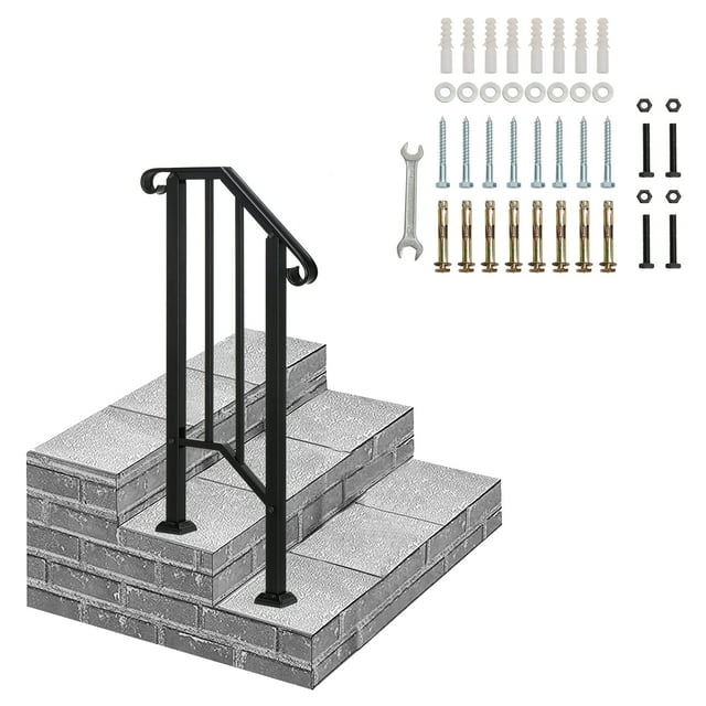 SamyoHome Simple 2-Step Outdoor Metal Stair Railing, Black Wrought Iron ...