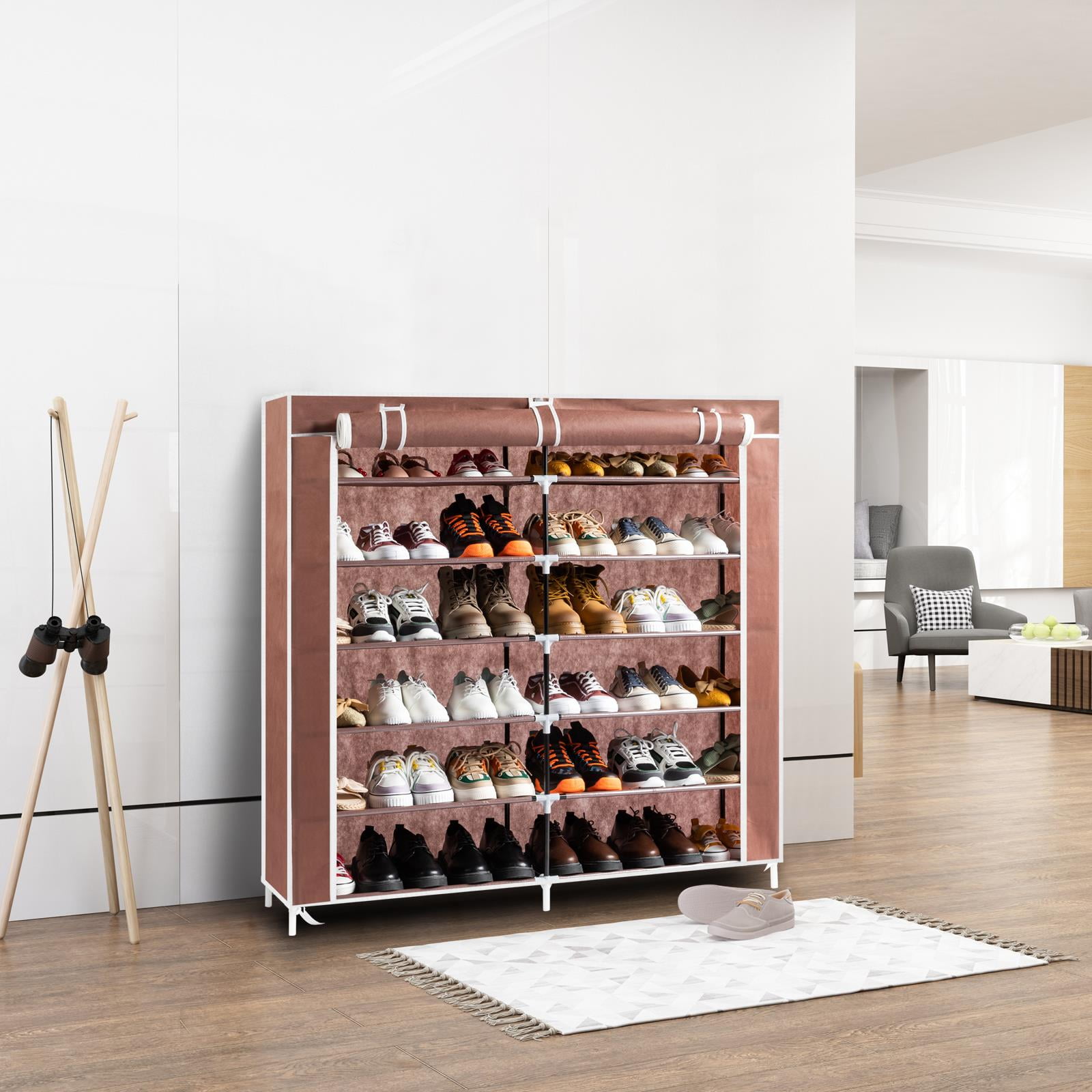 SamyoHome 36 Pairs Brown Shoe Rack Double Row Shoe Tower 7 Tier ...