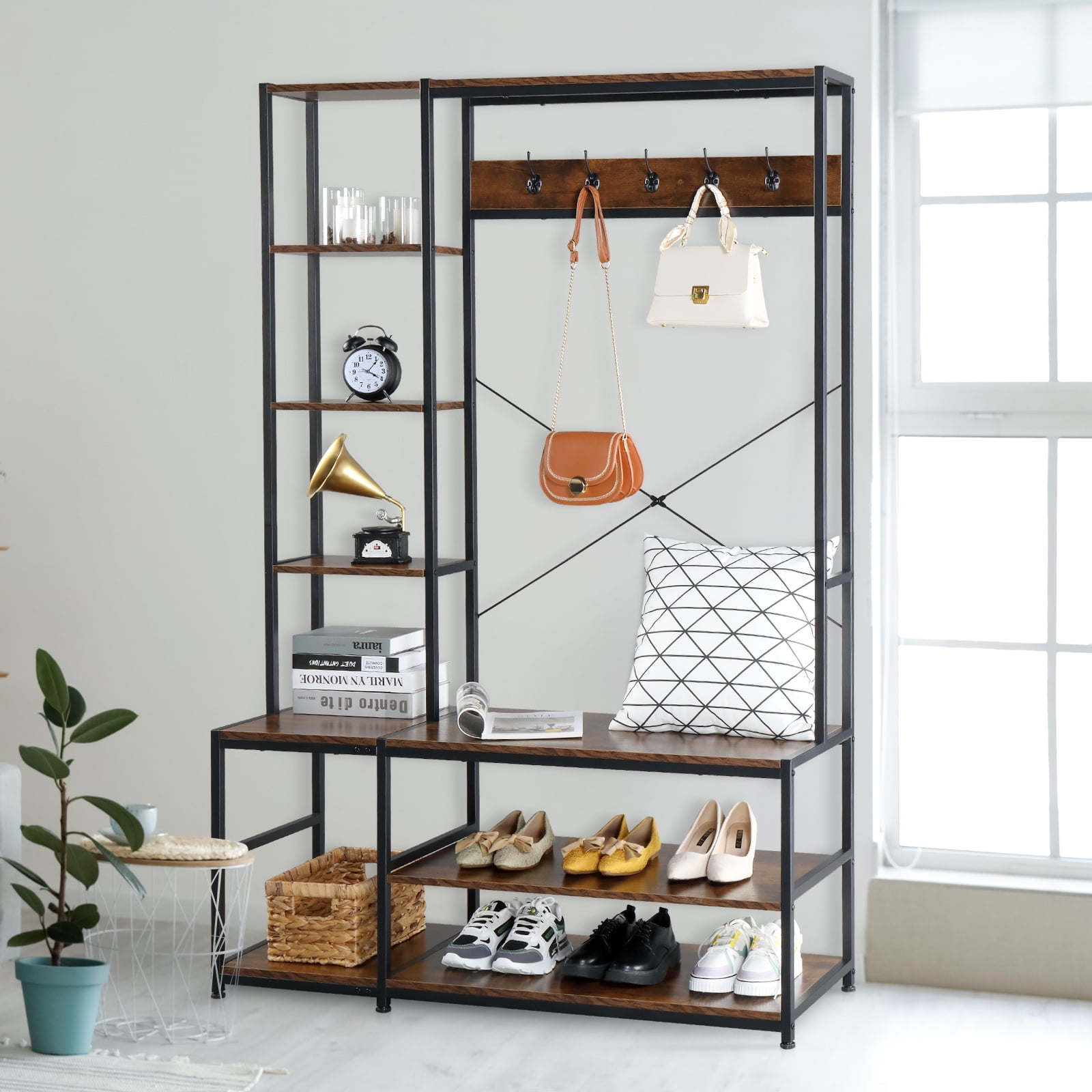 SamyoHome 4-in-1 Metal Wood Hall Tree, Industrial Cothes Rack Coat Rack ...