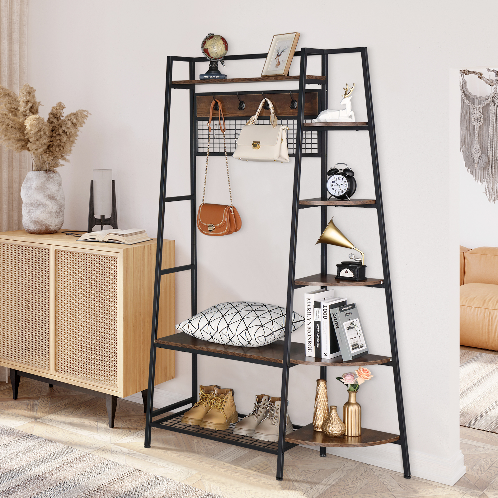 SamyoHome 5-in-1 Metal Wood Hall Tree, Industrial 8-Shelf Cothes Rack ...