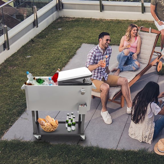 Sunjoy 80-Quart Wood Grain Finish Metal Rolling Ice Chest Cooler Cart ...