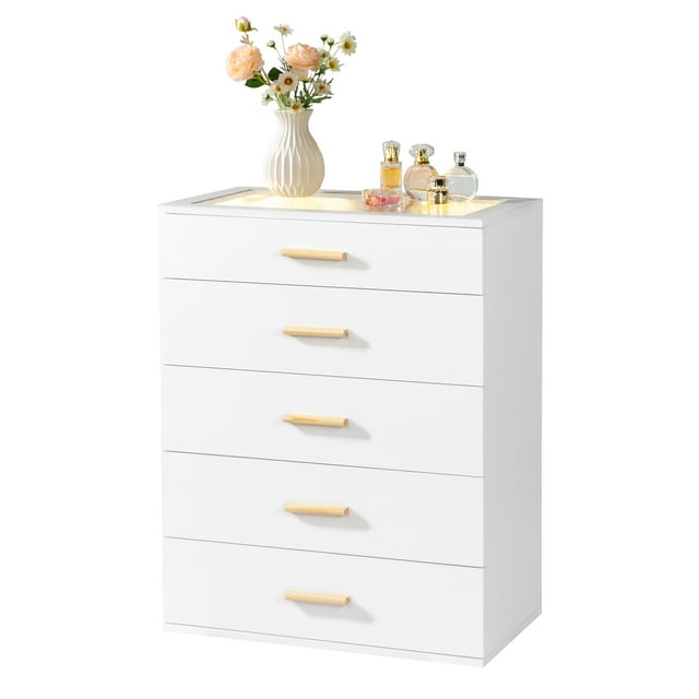 SamyoHome Drawer Dresser with Glass Top, Drawer Chest with LED Light ...