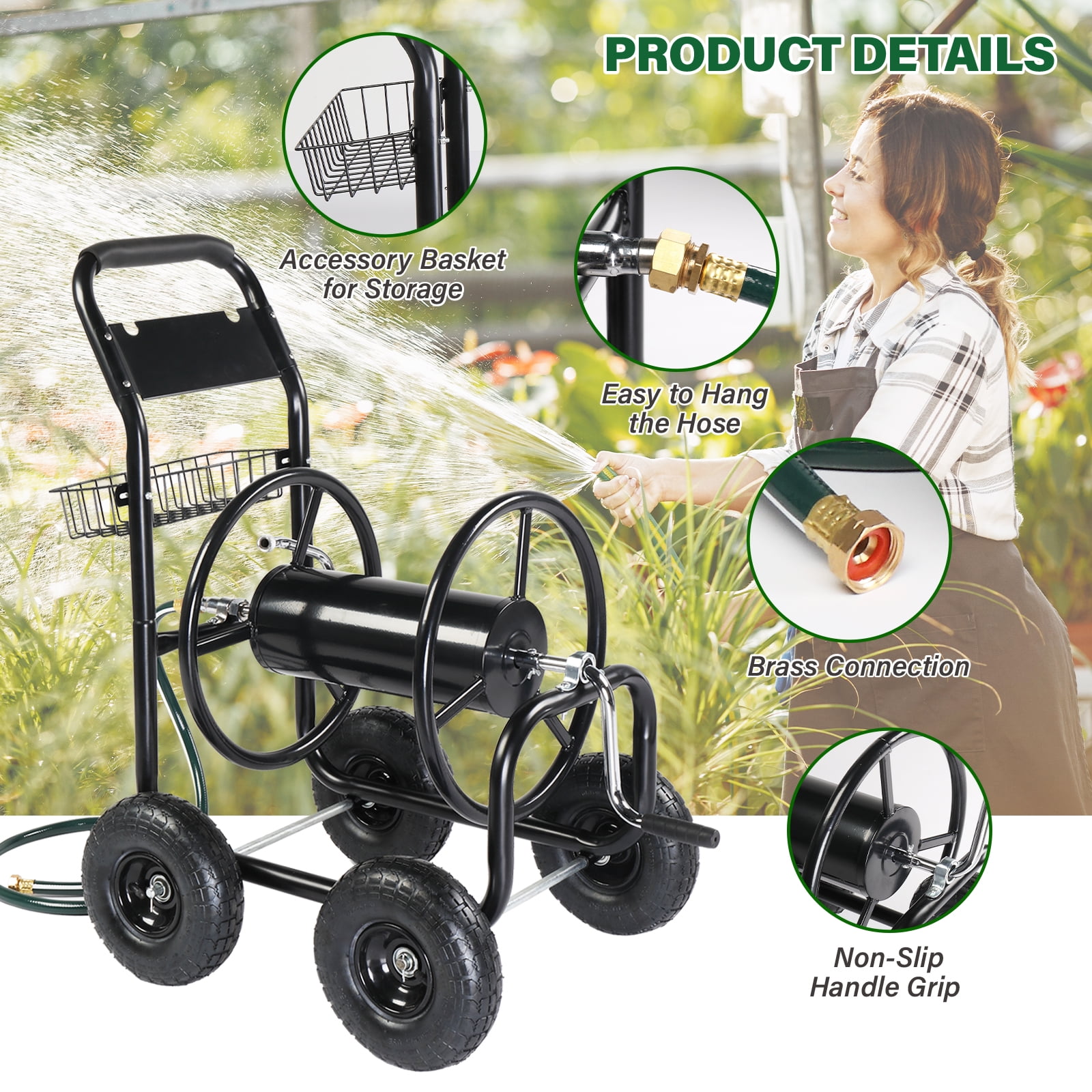 SamyoHome Iron Four-Wheel Pipe Truck Garden Hose Cart Black Frame with ...