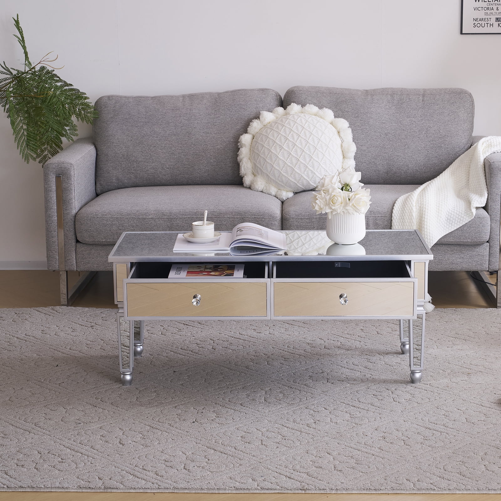 SamyoHome Mirrored Coffee Table with LED Lights&2 Drawers, Rectangle ...