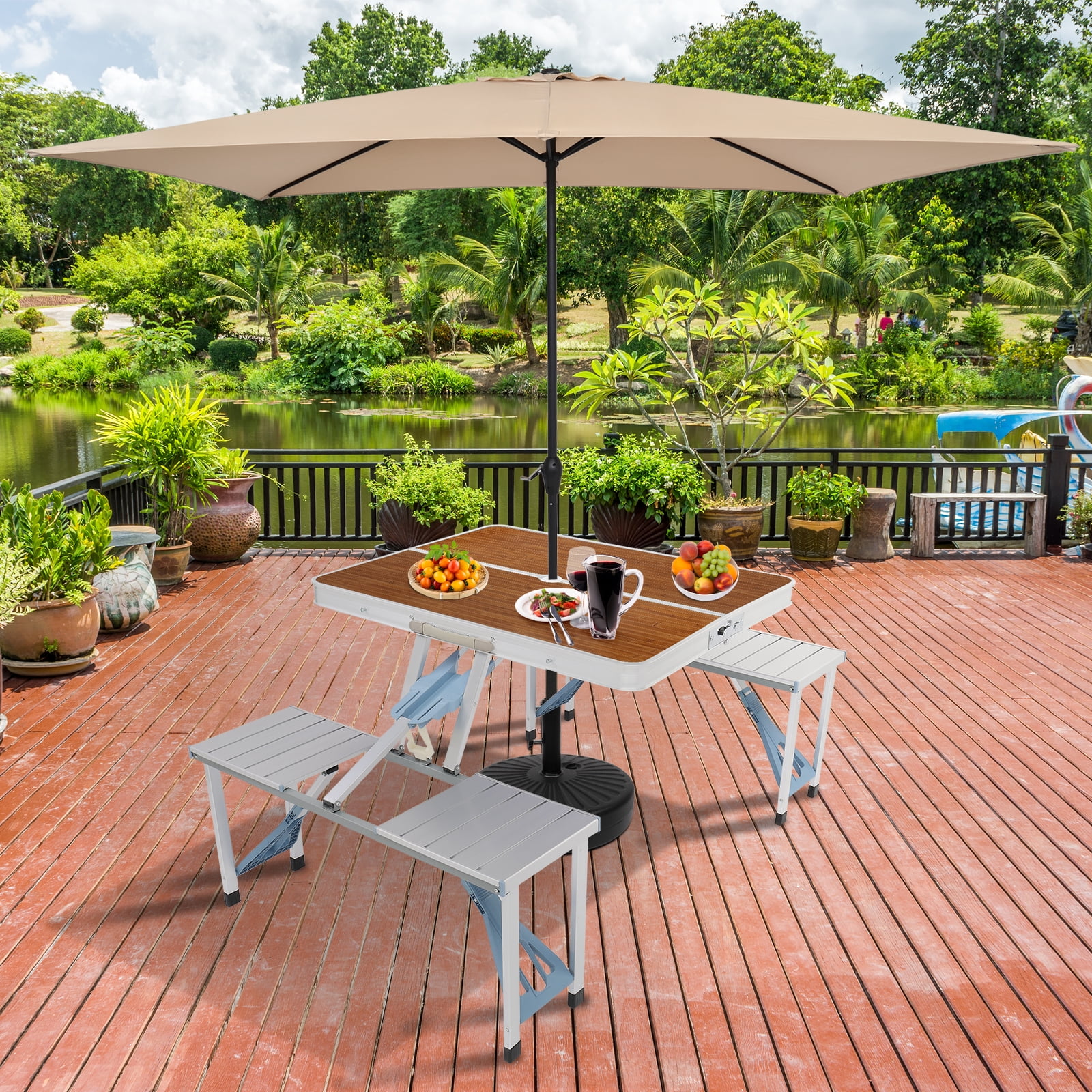 SamyoHome Portable Folding Picnic Table With 4-Person Chair Seats Wood ...