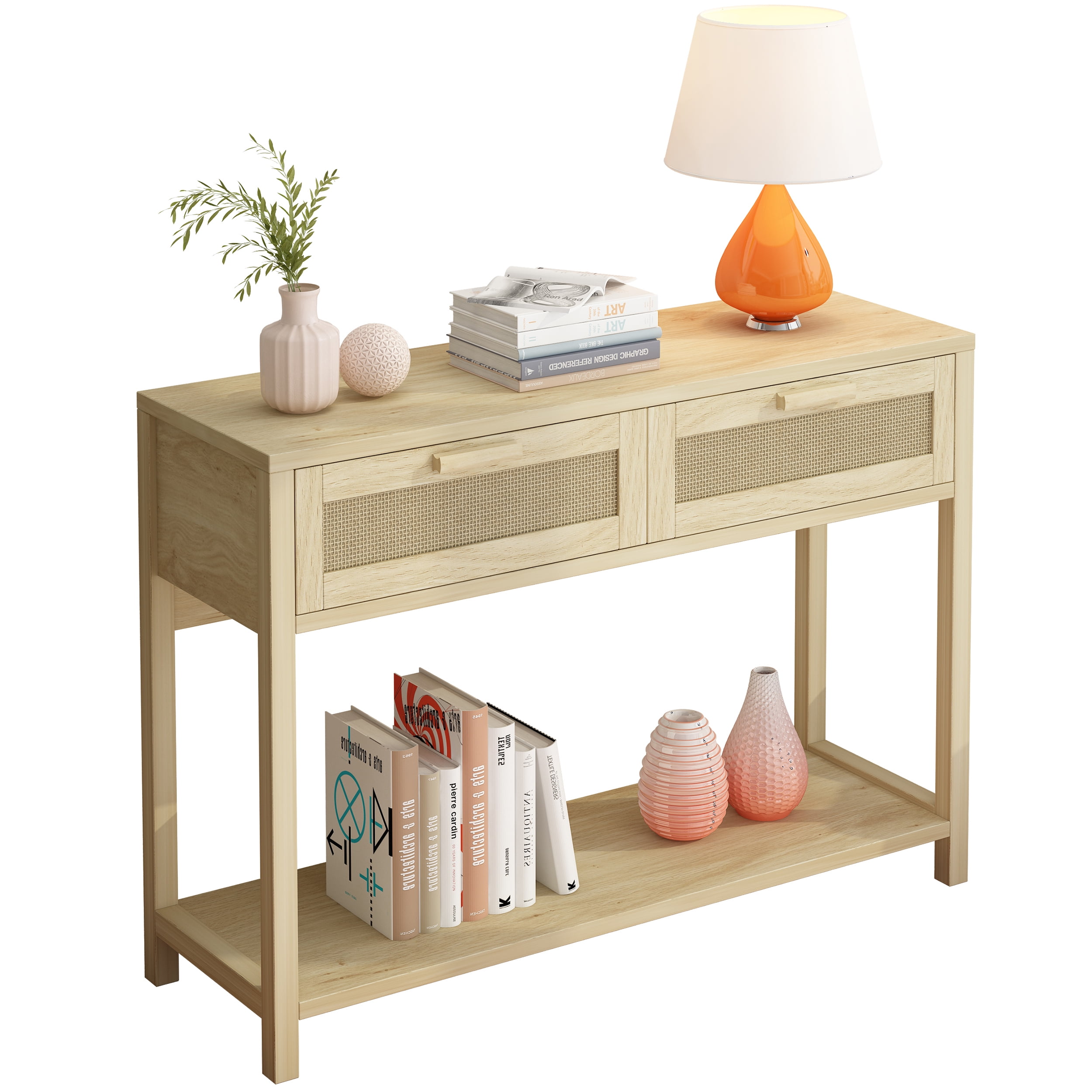 SamyoHome Rustic Console Table Behind Couch, Rattan Entryway Table with ...