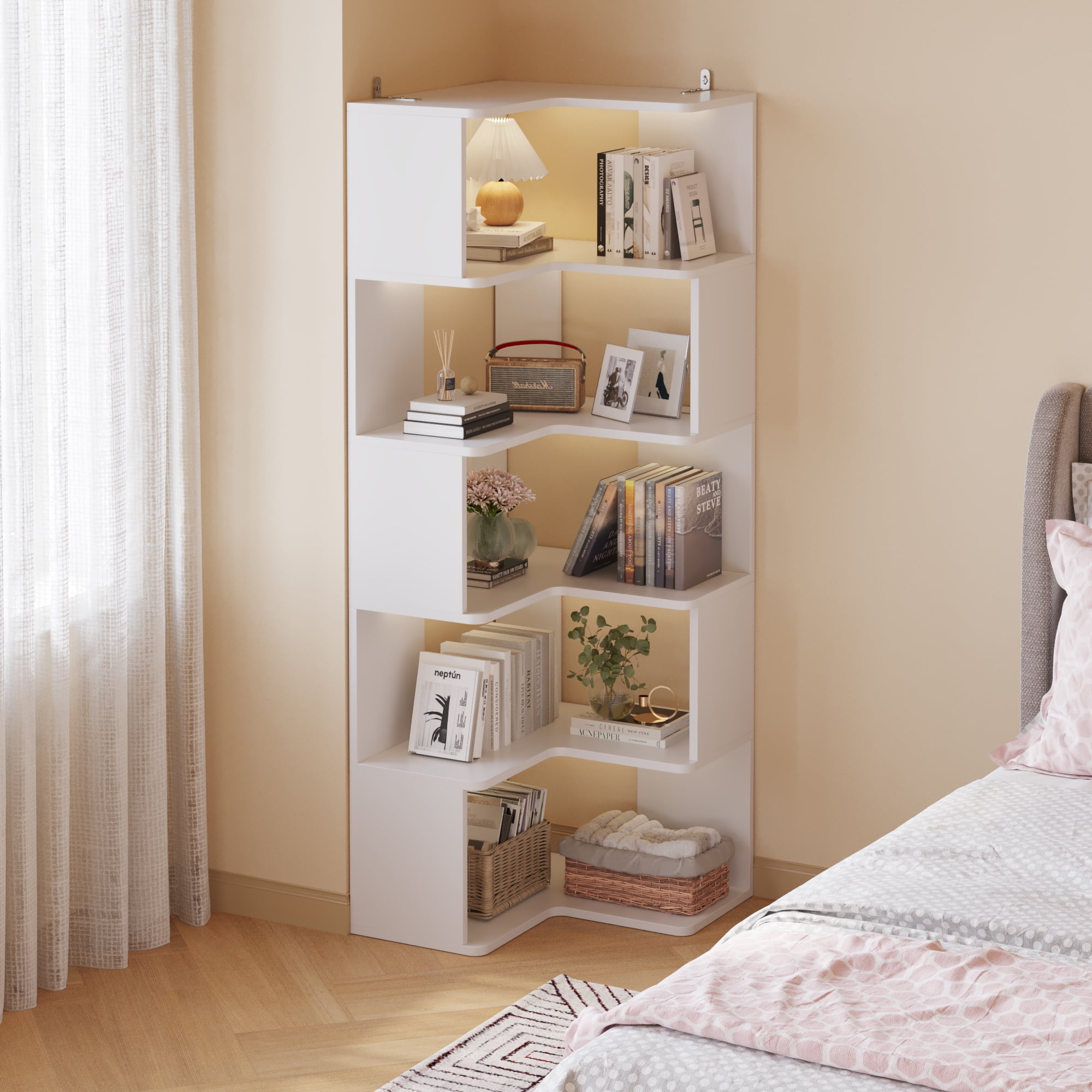 Samyohome 6-Tiers Corner Shelf Modern Corner Bookshelf & Bookcase ...