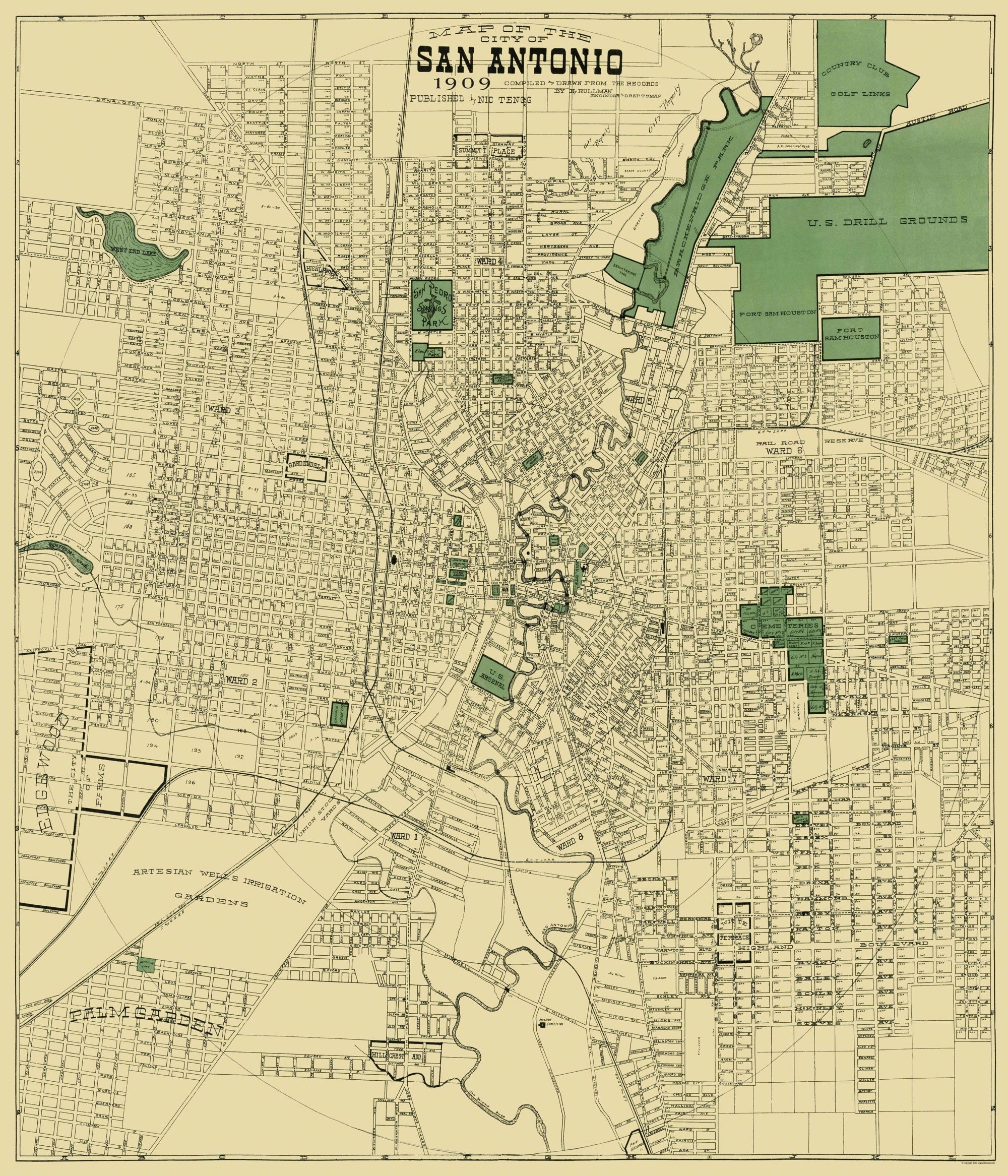 Historic City Map - San Antonio Texas - Rullman 1909 - 23 x 26.81 ...