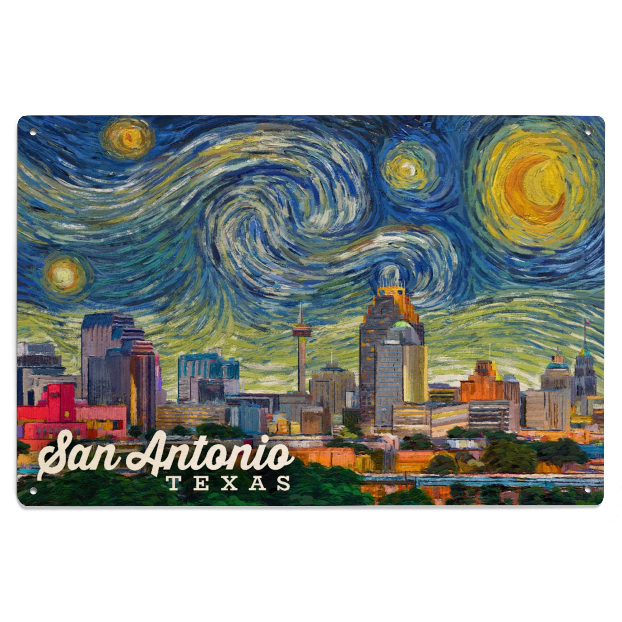 San Antonio, Texas, Starry Night City Series Birch Wood Wall Sign (6x9 ...