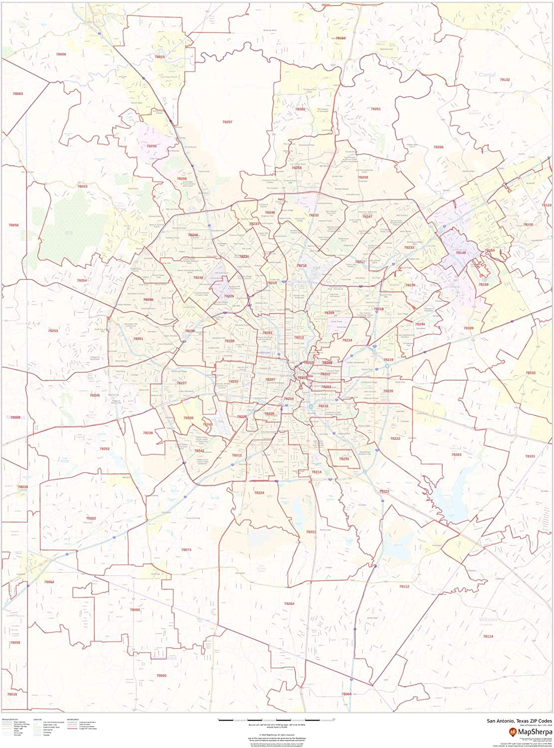 San Antonio, Texas Zip Codes - 36" x 48" Laminated Wall Map - Walmart.com