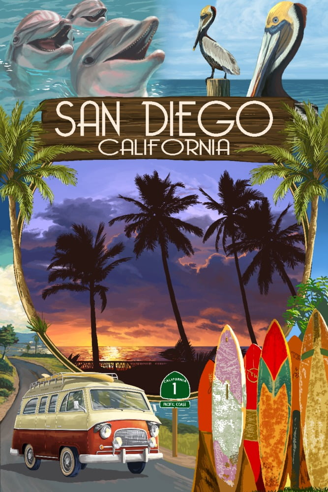 San Diego, California, LP Camper Van, Montage (16x24 Giclee Gallery Art Print, Vivid Textured ...