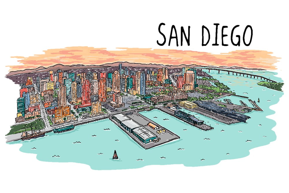 San Diego, California, Line Drawing (16x24 Giclee Gallery Art Print ...