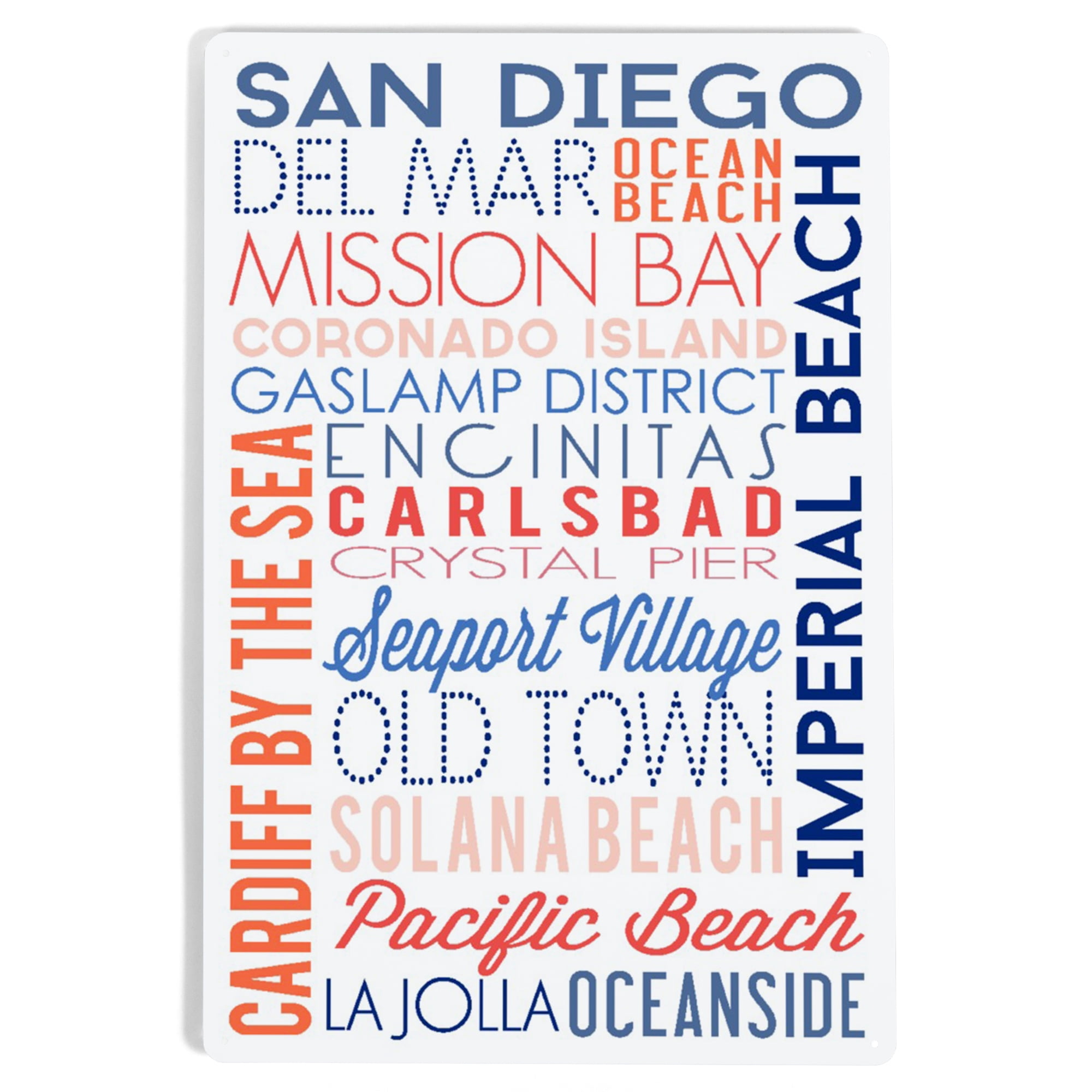 San Diego, California, Typography (12x18 Aluminum Art, Indoor Outdoor ...