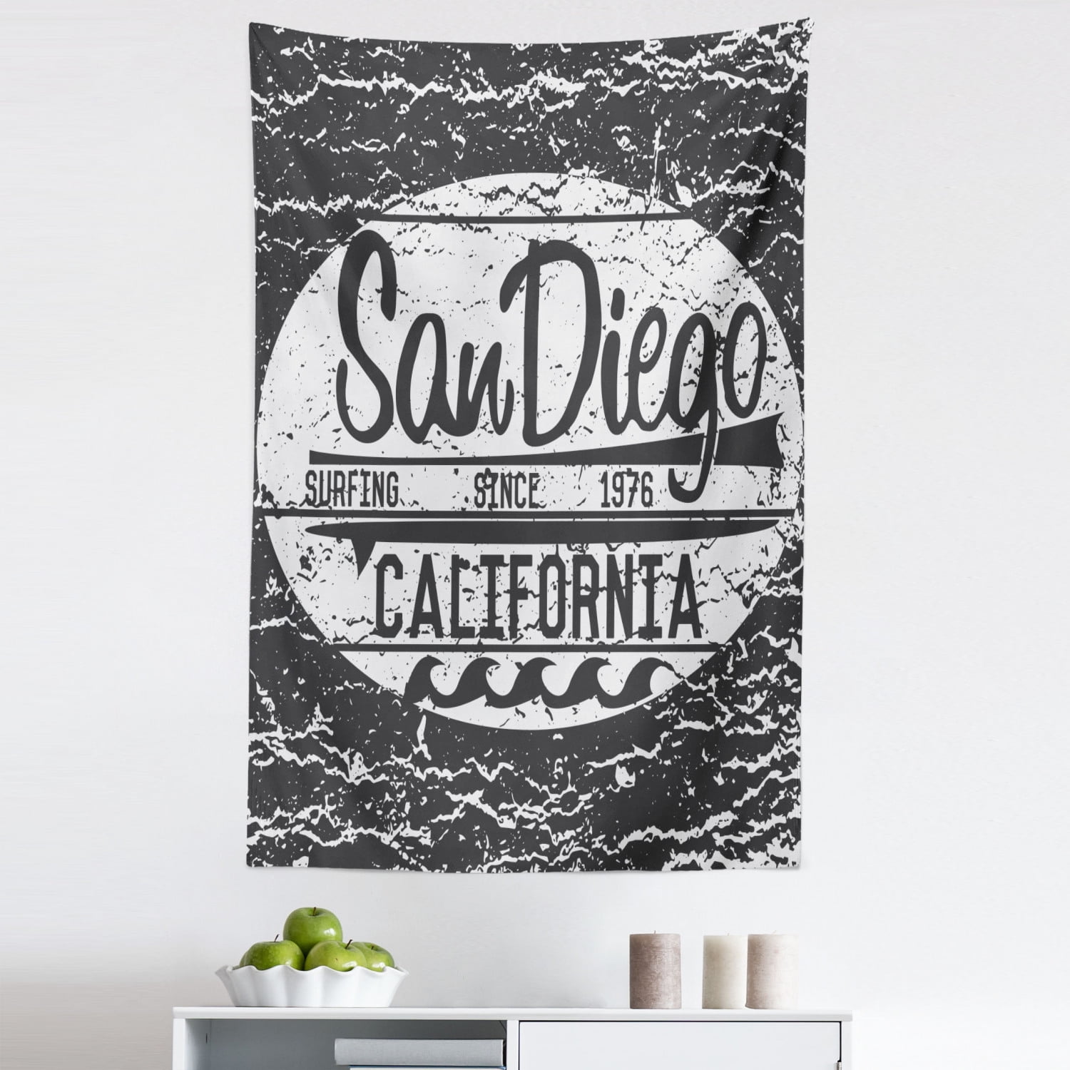 San Diego Tapestry, Vintage Surf Poster Design in Grey Shades Grungy ...