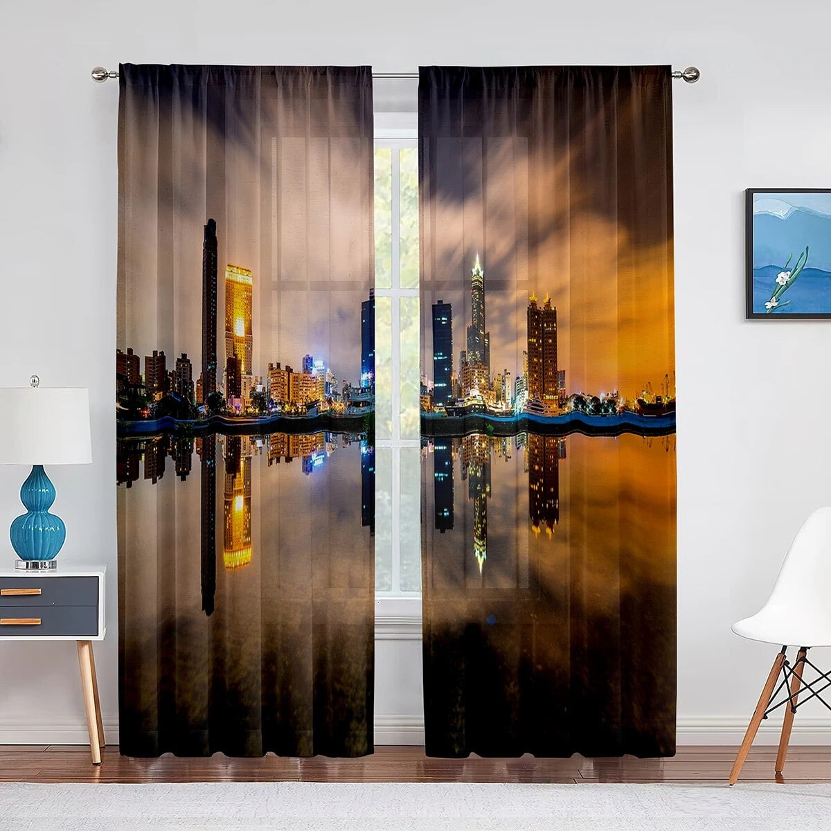San Francisco Bay Bridge Cityscape Sheer Voile Curtain Usa City Night