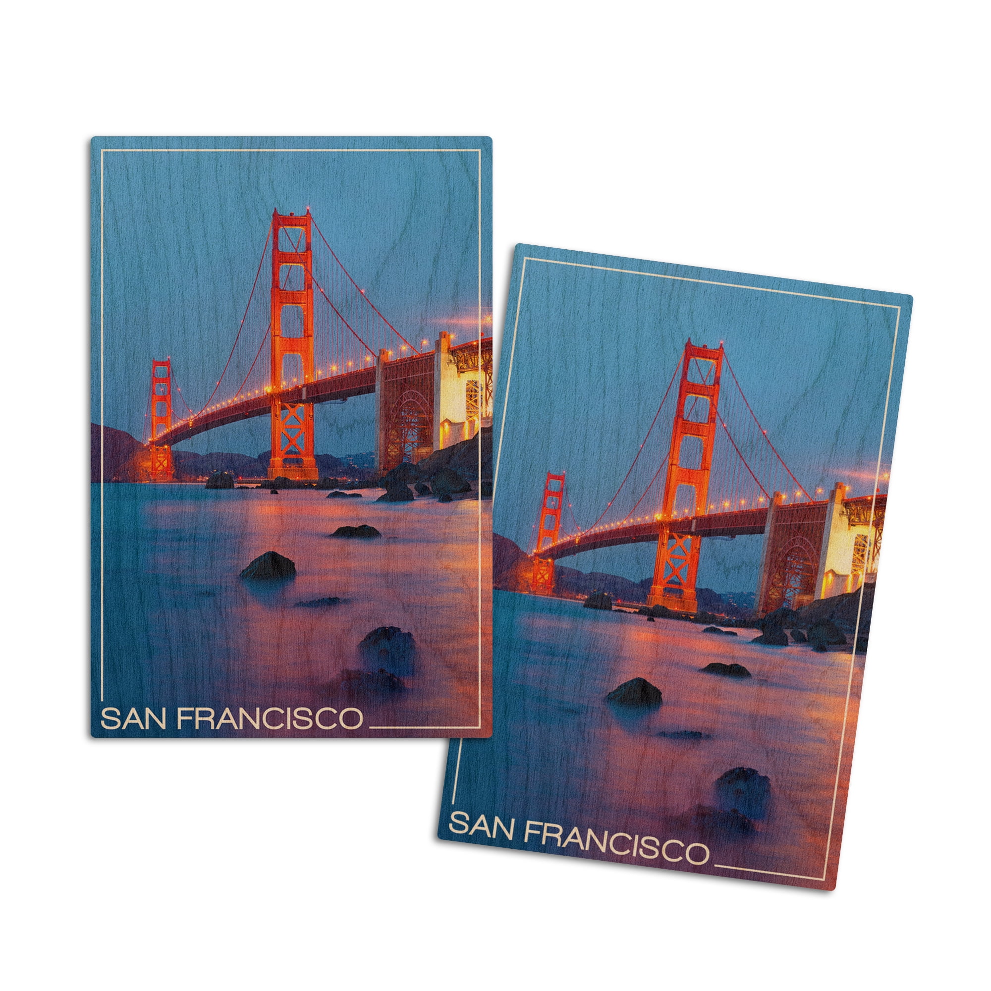 San Francisco, California, Golden Gate Bridge at Night (4x6 Birch Wood ...