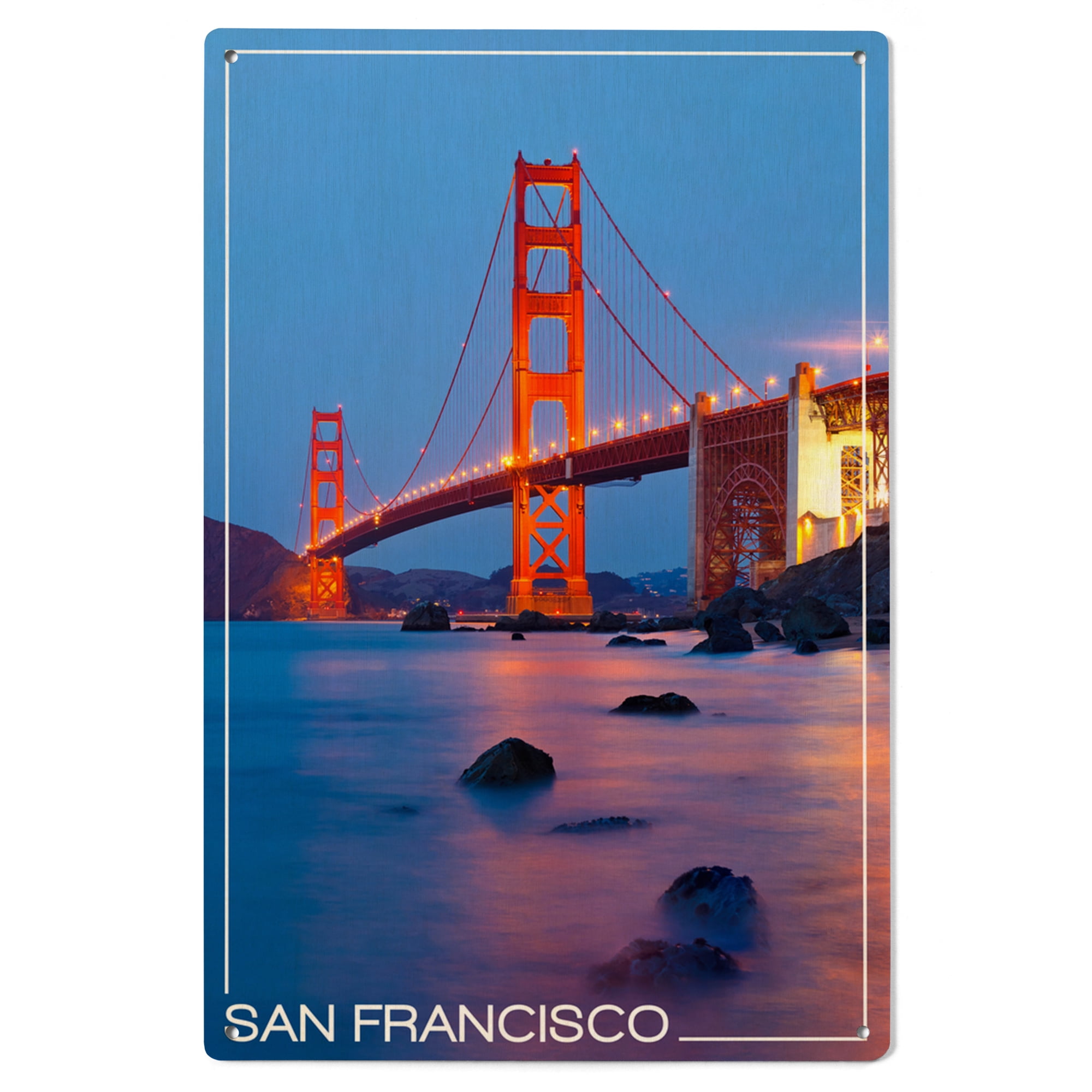 San Francisco, California, Golden Gate Bridge at Night Birch Wood Wall ...