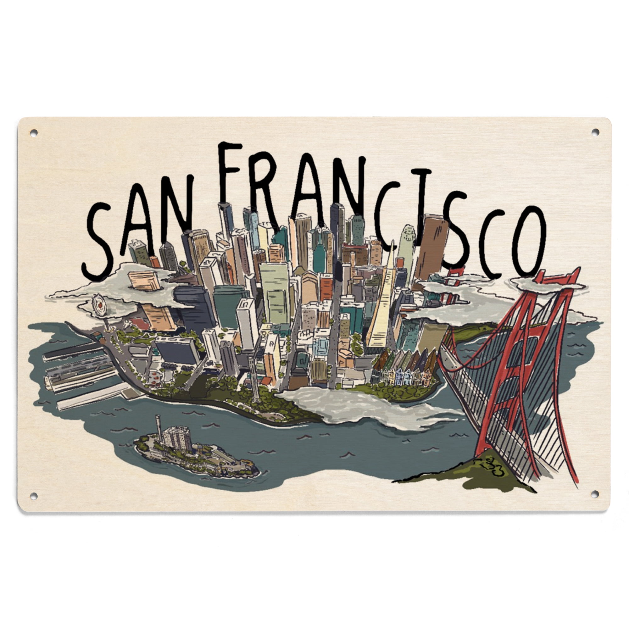 San Francisco, California, Line Drawing, Contour Birch Wood Wall Sign ...