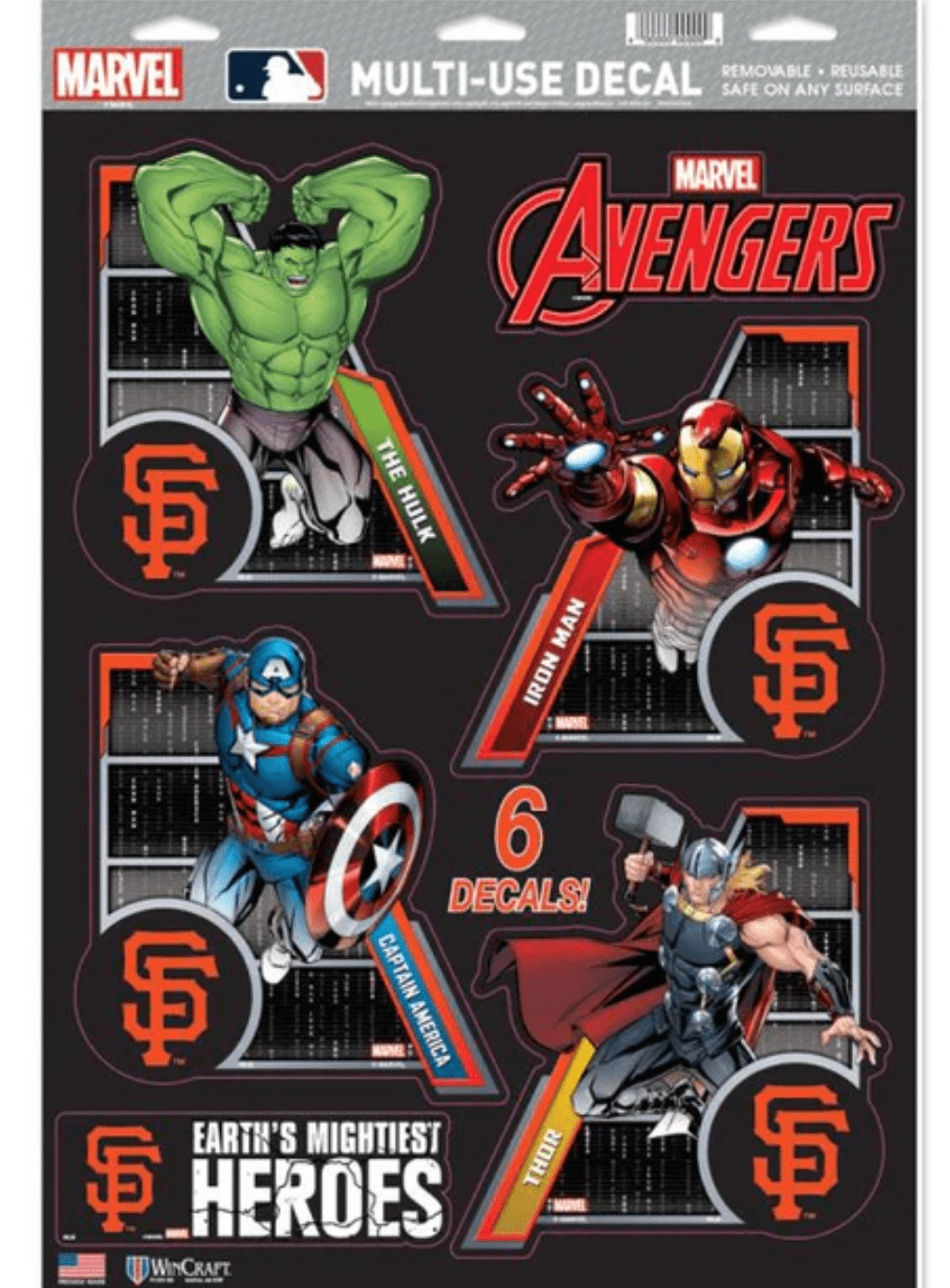 San Francisco Giants / MARVEL Multi-Use 6 Piece Decals 11" x 17 ...