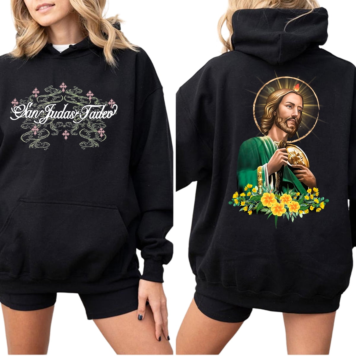 San Judas Tadeo Flores Amarillas Hoodie – Double Sided Saint Jude ...