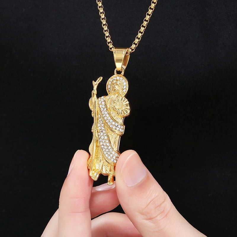 San Judas Tadeo Pendant 14K Yellow Gold Necklace Women with rhinestone ...