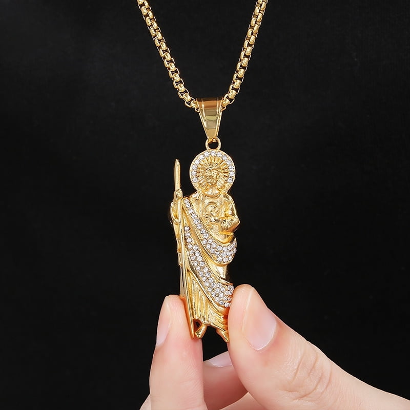 San Judas Tadeo Pendant 14K Yellow Gold Necklace Women with rhinestone ...