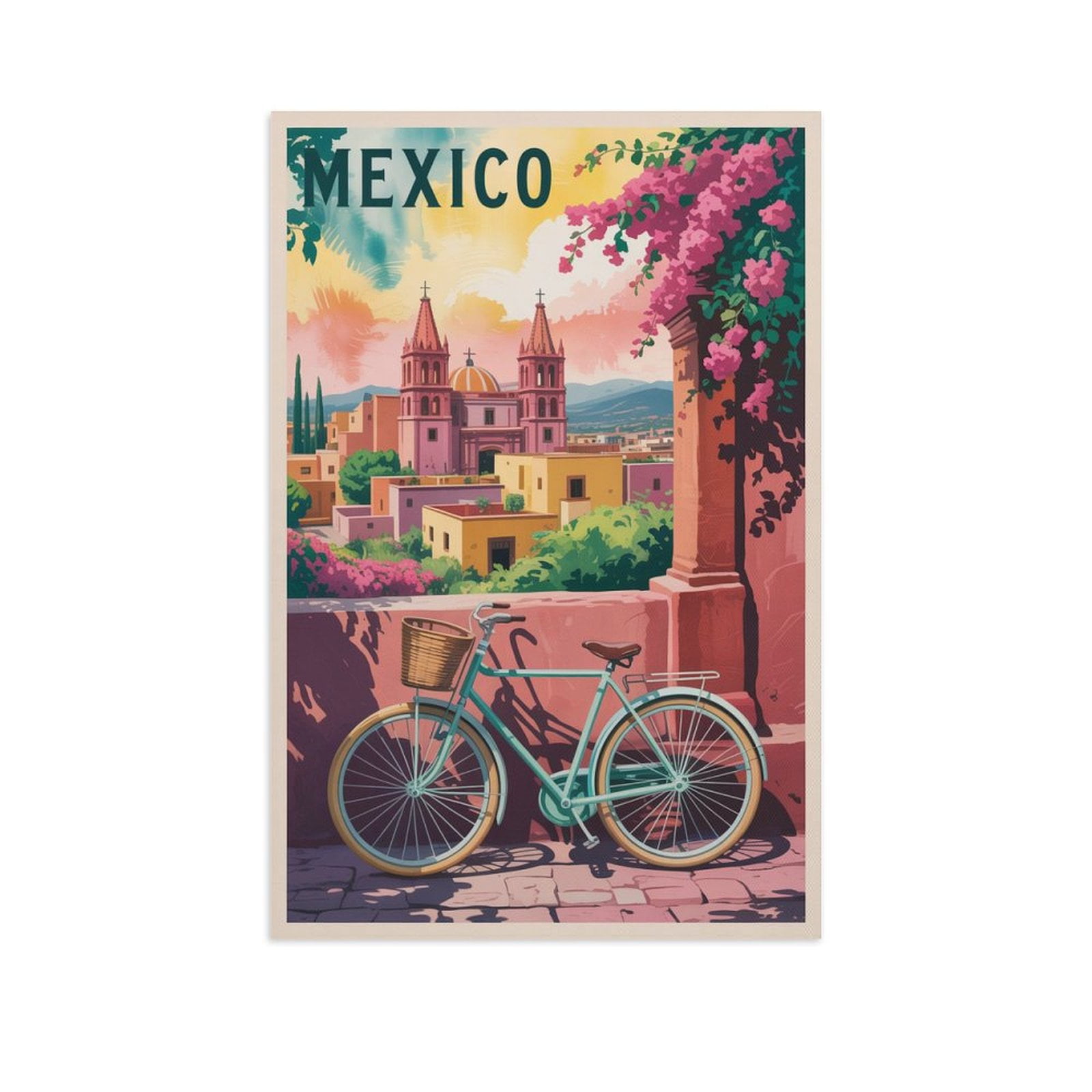 San Miguel Vintage City Travel Poster with Traditional Bike, Warm Palette, And Church Print ...