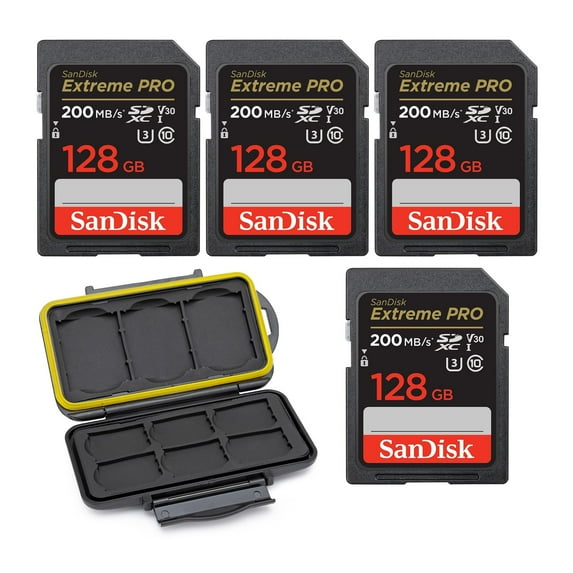 SanDisk 128GB Extreme PRO 200MB/s Memory Card (4-pack) with Memory Case ...