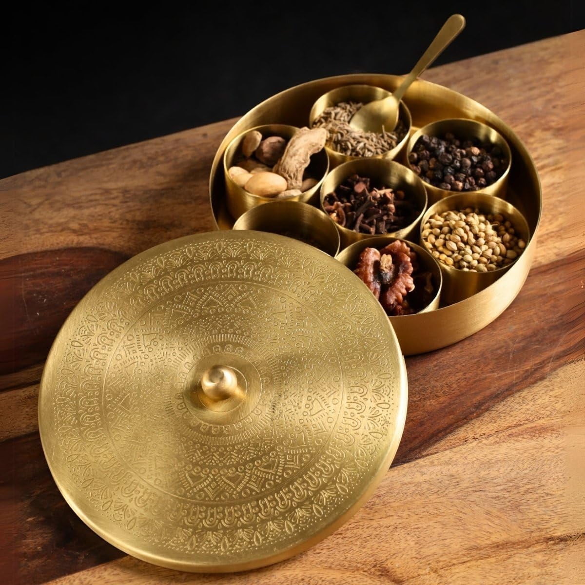 Sanatan Siddhi Pure Brass Masala Box with Spoon – 7 Detachable Spice ...