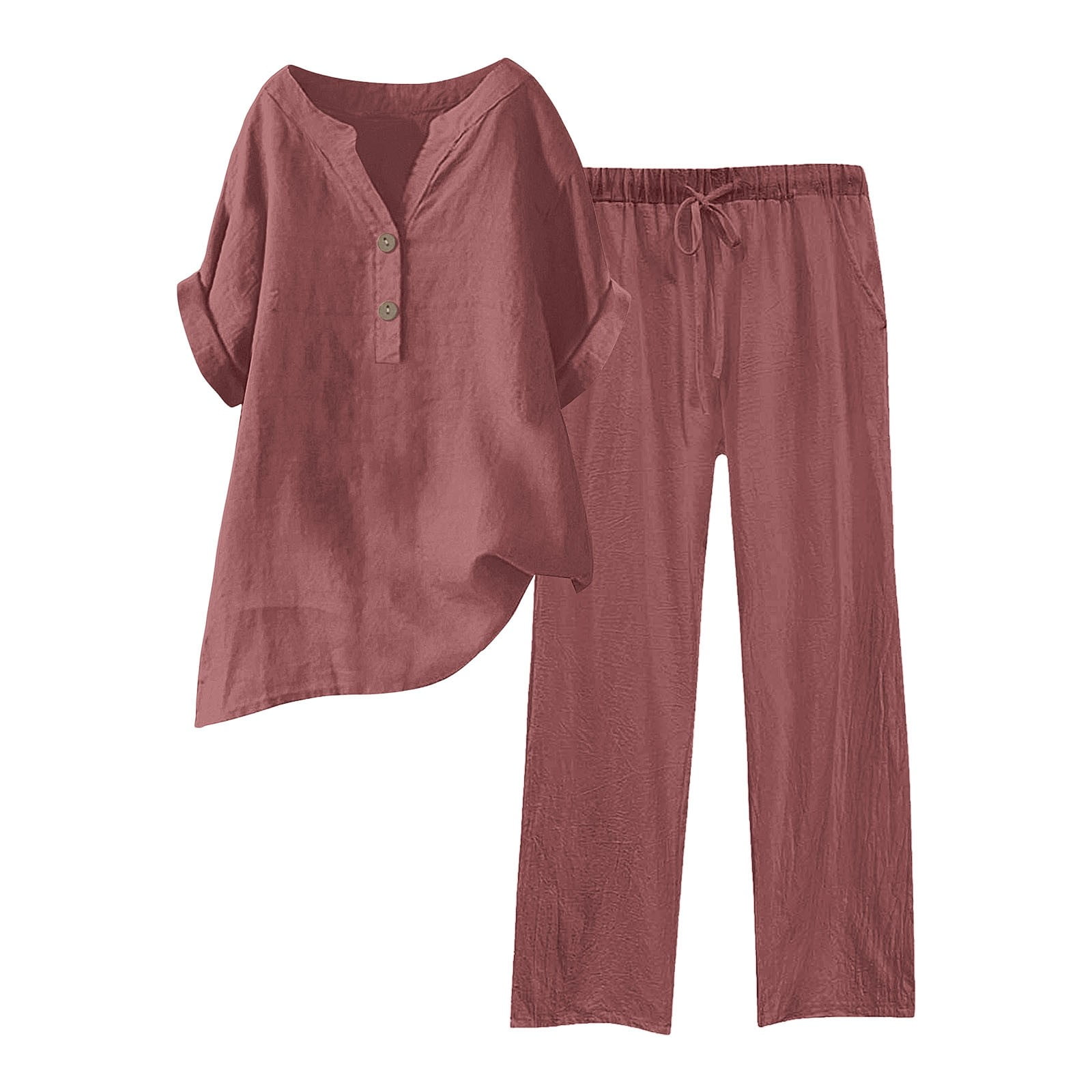 Sanbonepd Linen Sets for Women 2 Piece Casual Plain Short Sleeve V Neck ...