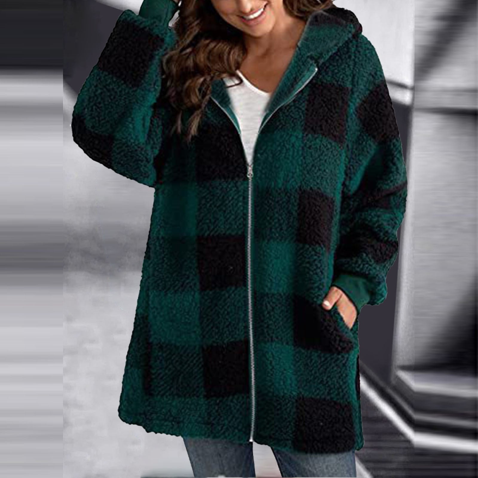 Sanbonepd Women's Plaid Lined Hooded Jacket Button Oversized Fuzzy Coat ...