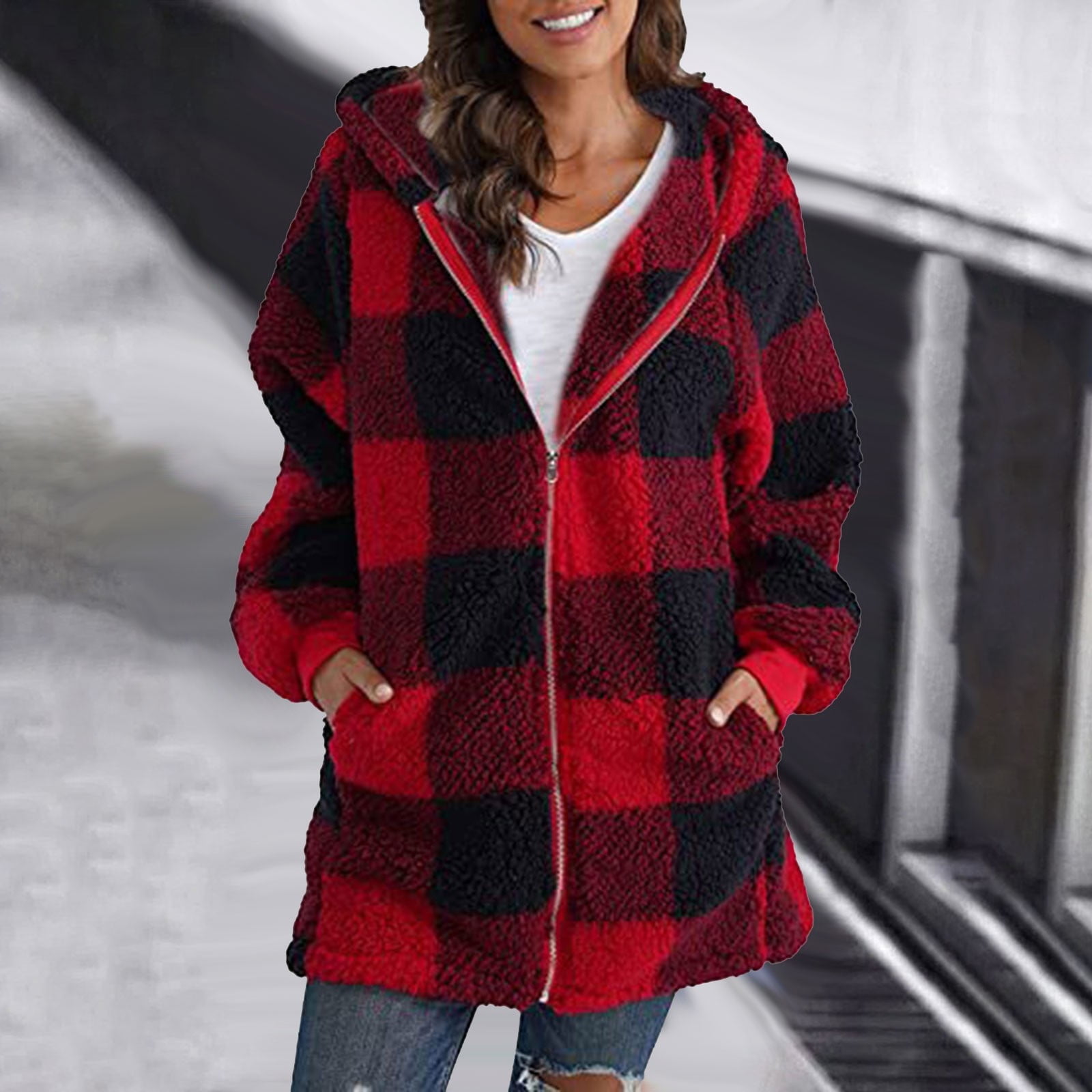 Sanbonepd Women's Plush Coat Long Sleeve Plaid Hooded Zipper Loose ...