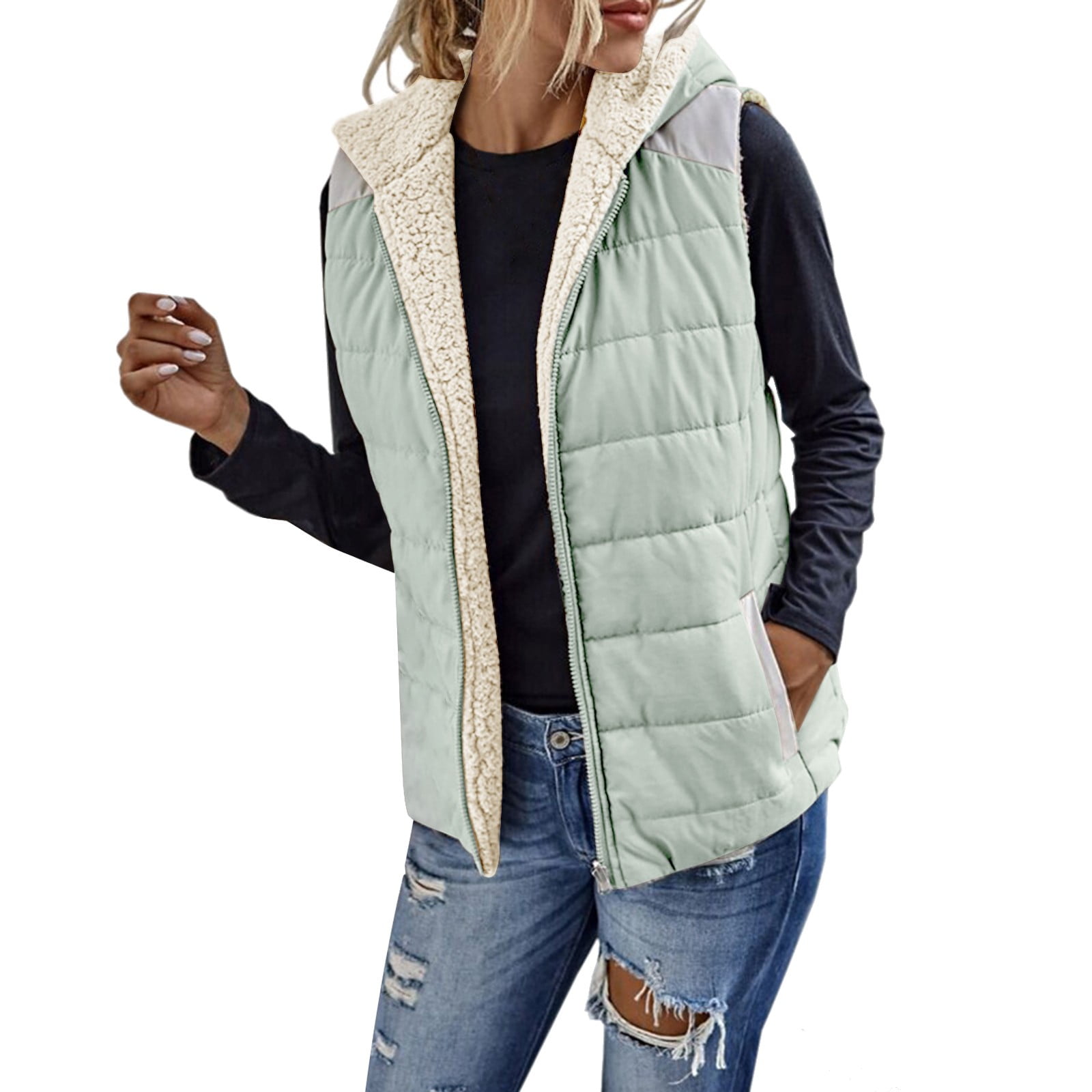 Sanbonepd Womens Puffer Vest Fall Reversible Sleeveless Fleece Jacket ...