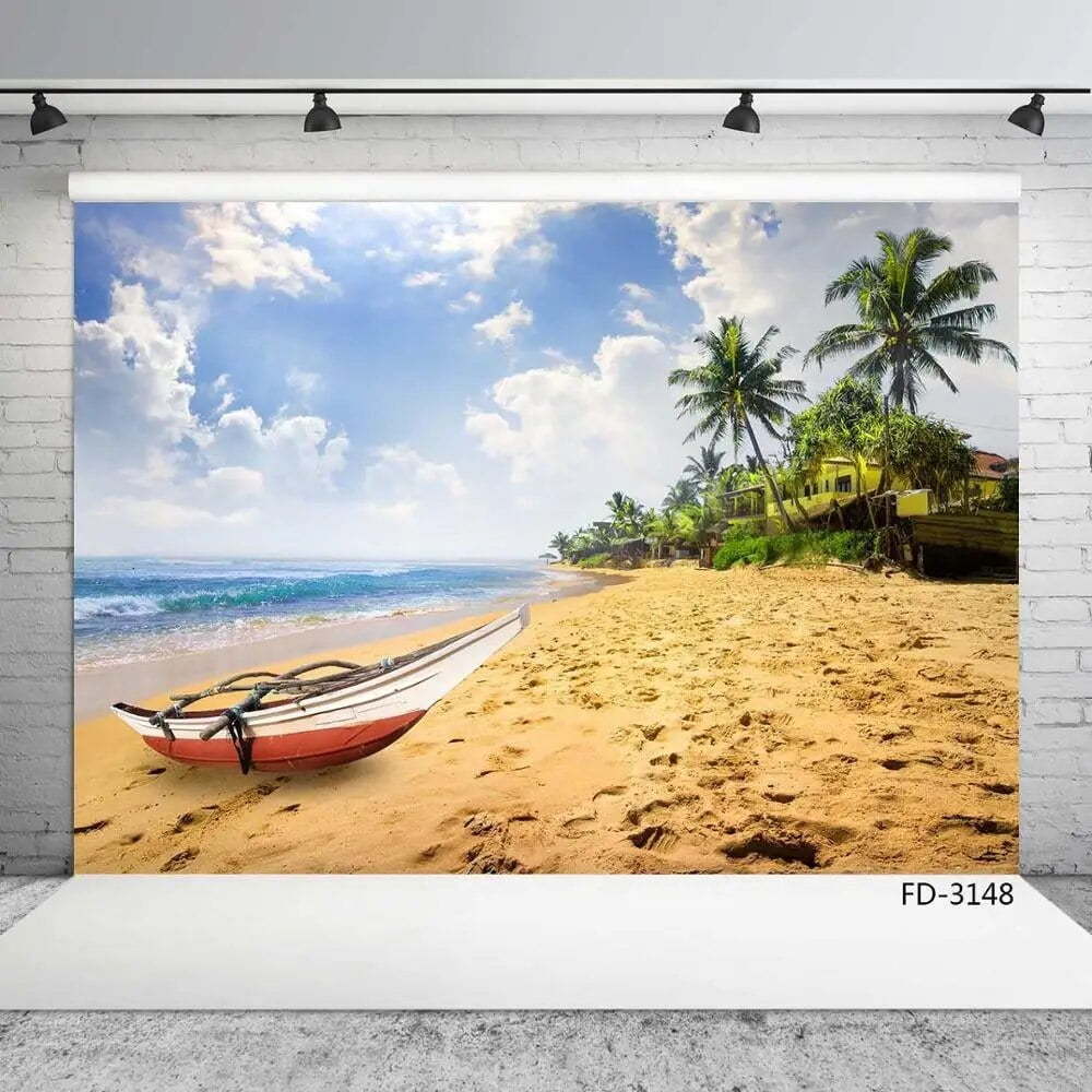 Sand Beach Sea Boat Ocean Sky Tree View Photocall Background Vinyl ...