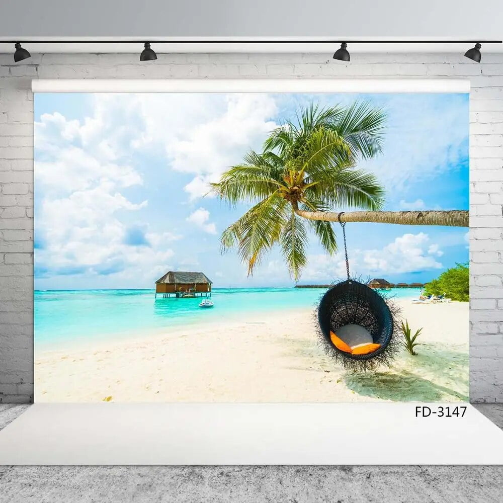 Sand Beach Sea House Ocean Sky Tree View Photocall Background Vinyl ...