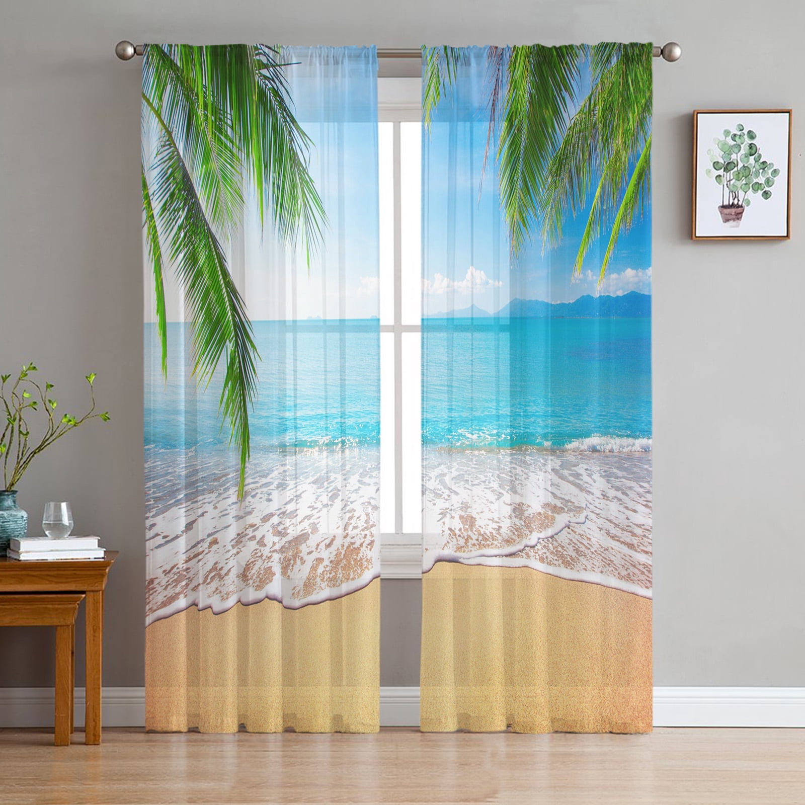 Sand Beach Waves Palm Trees Tulle Curtains for Living Room Bedroom ...