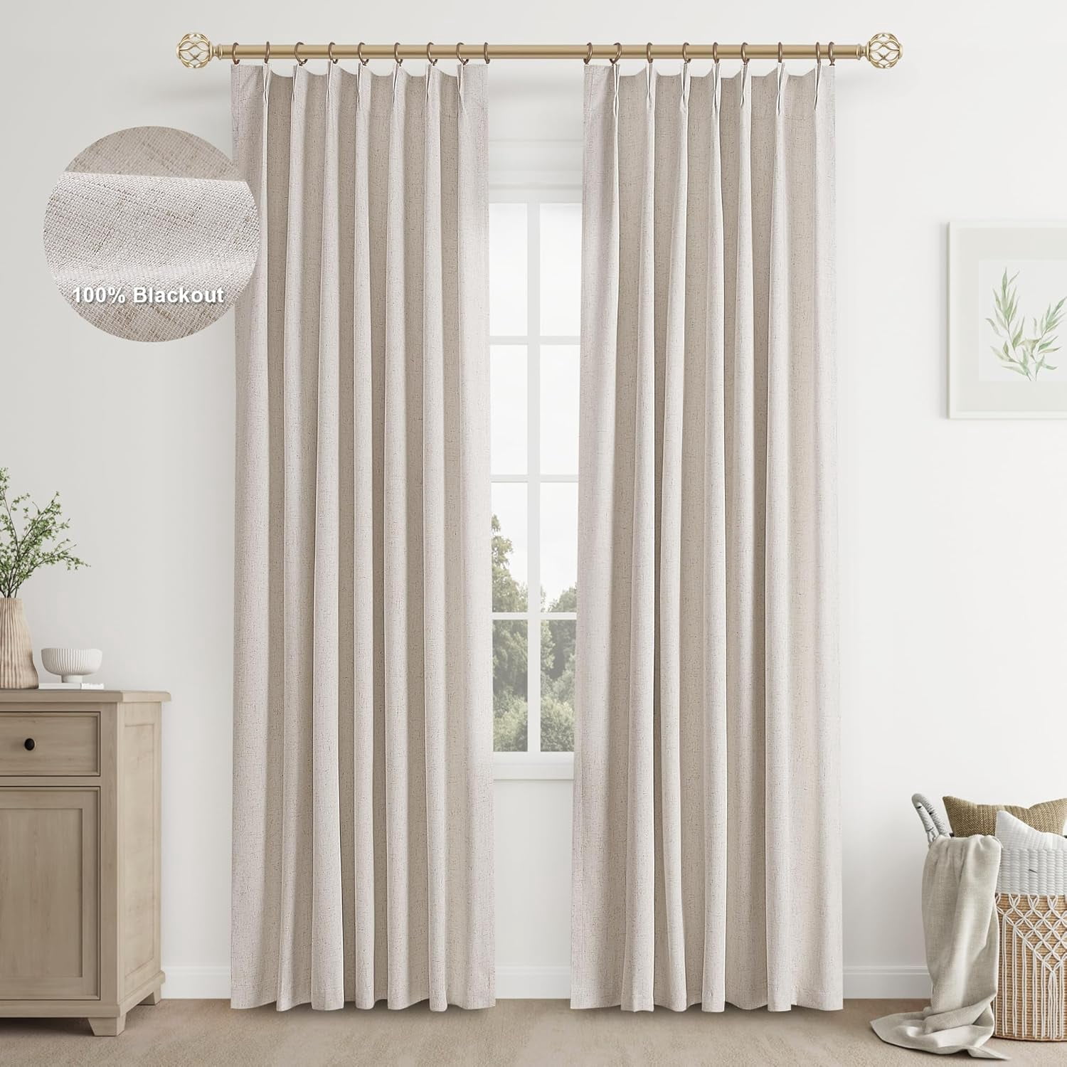 Sand Beige Linen 100% Blackout Curtains 96 Inches Long,Pinch Pleated ...