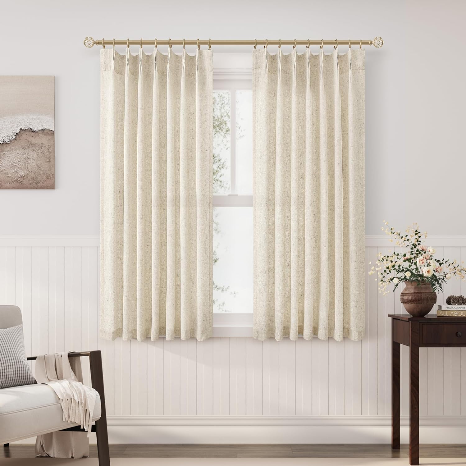 Sand Beige Pinch Pleat Linen Curtains 54 Inch Length 2 Panels Set for ...