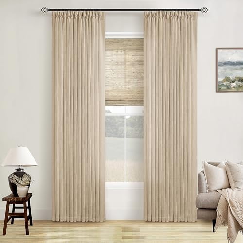 Sand Beige Pinch Pleat Linen Curtains 84 Inches Long for Bedroom Boho ...