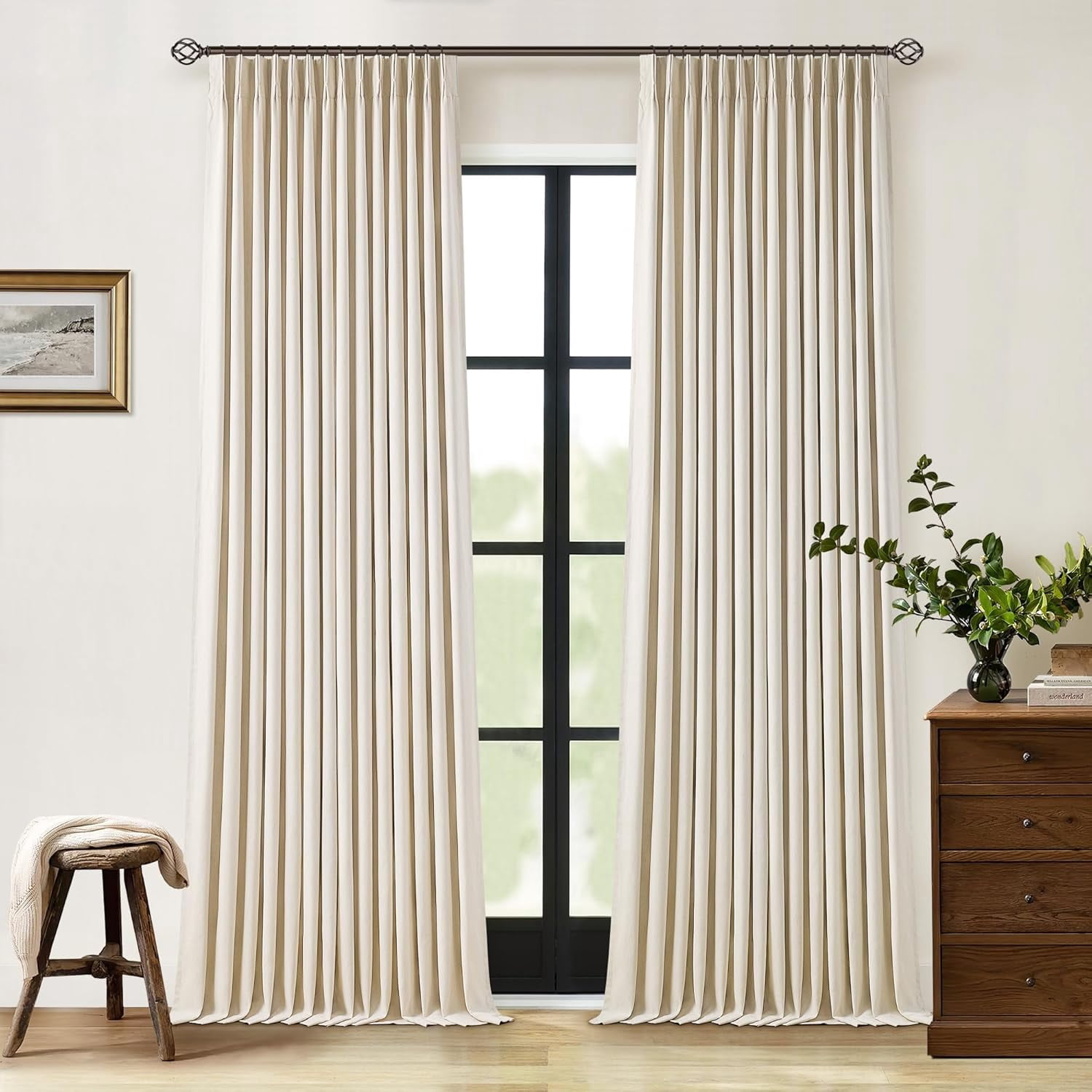 Sand Beige Pinch Pleated Linen Blackout Curtains 96 Inch Length Pinch ...