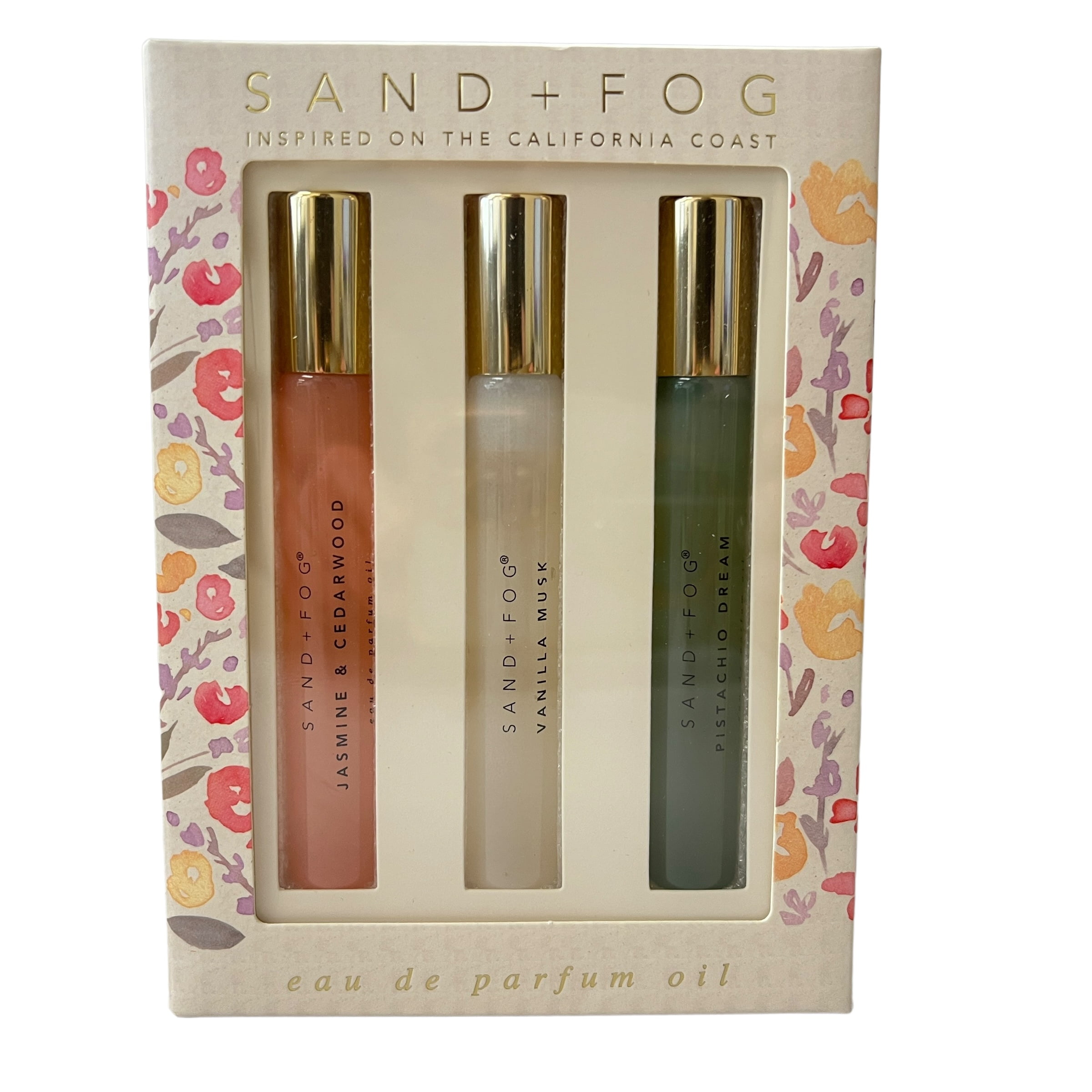 Sand + Fog Eau De Parfum Oil Rollerball Trio: Jasmine & Cedarwood, Vanilla Musk, Pistachio Dream ...