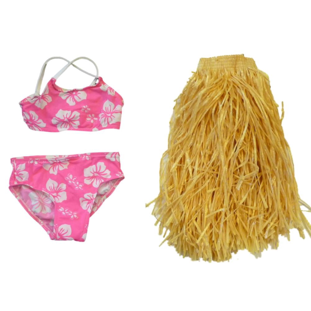 Sand N Sun Toddler Girls 3 Piece Swim Suit Pink Bikini With Grass Hula ...