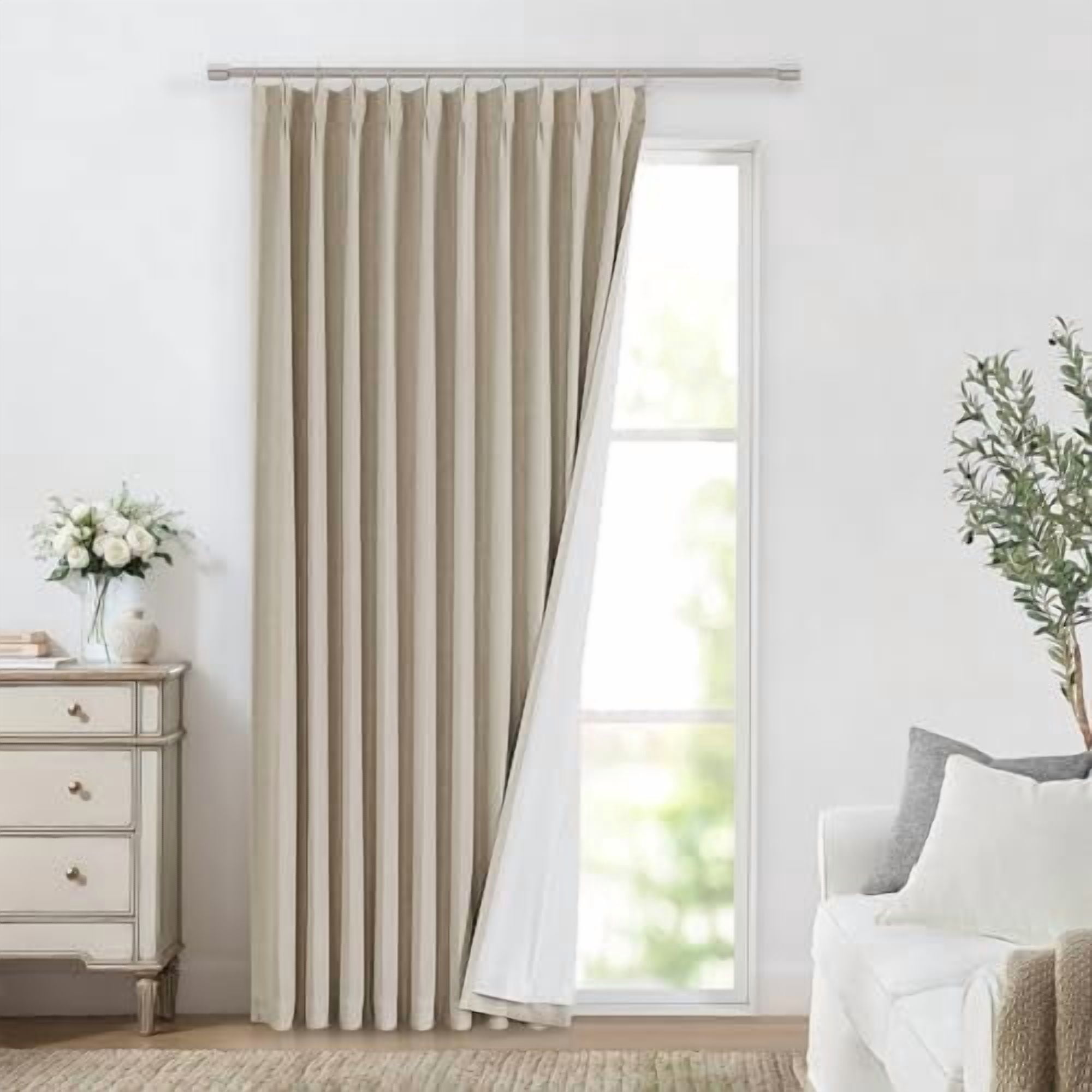 Sand Pinch Pleated Full Blackout Curtains Linen Blended Room Darkening ...